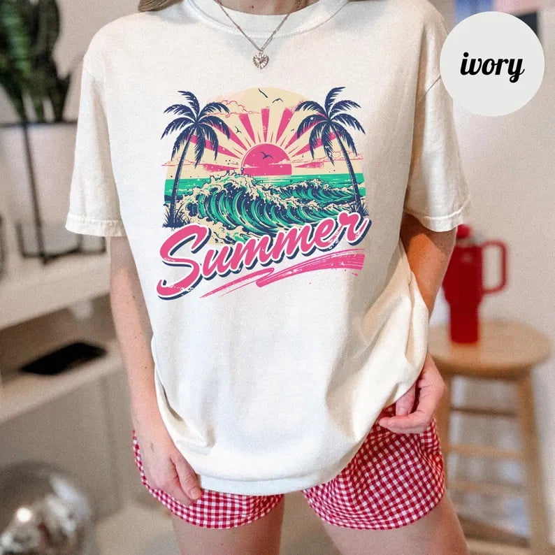 Summer Beach Retro Sunset Horizon Palm Trees Coastal Relax T-shirt ...