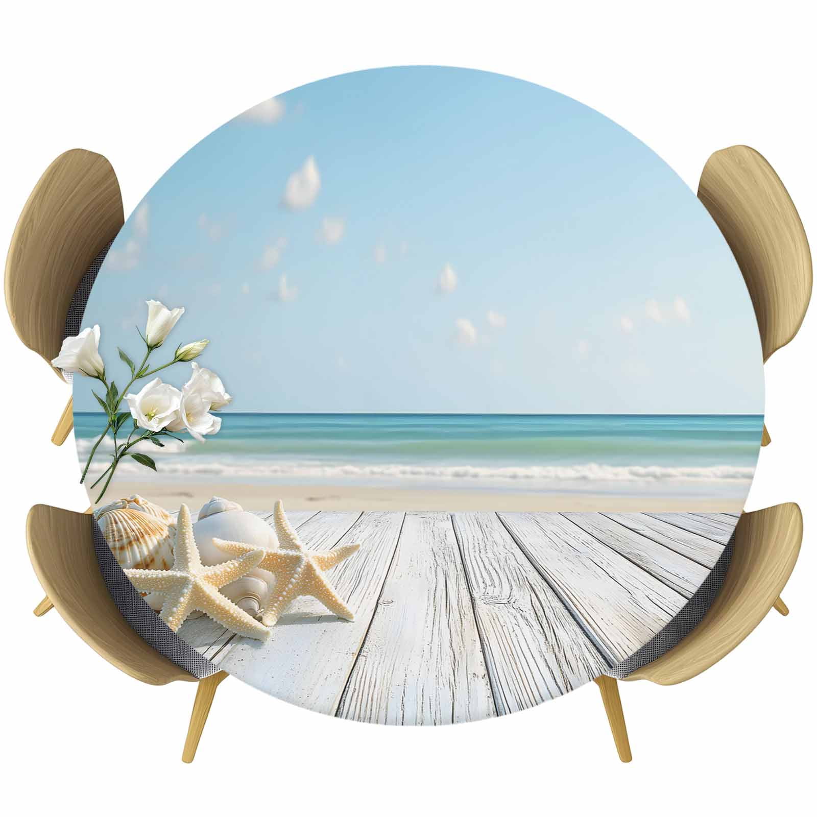 Summer Beach Round Tablecloth 55-60 Inch Round Fitted Table Cloth with ...
