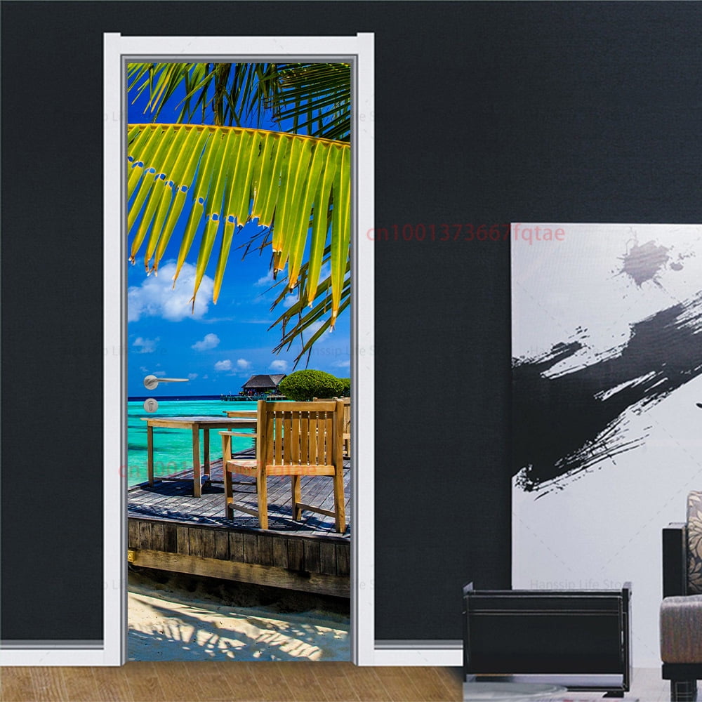 Summer Beach Scenery Door Wallpaper Home rations Peel and Stick PVC ...