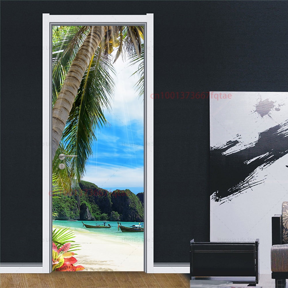 Summer Beach Scenery Door Wallpaper Home rations Peel and Stick PVC ...