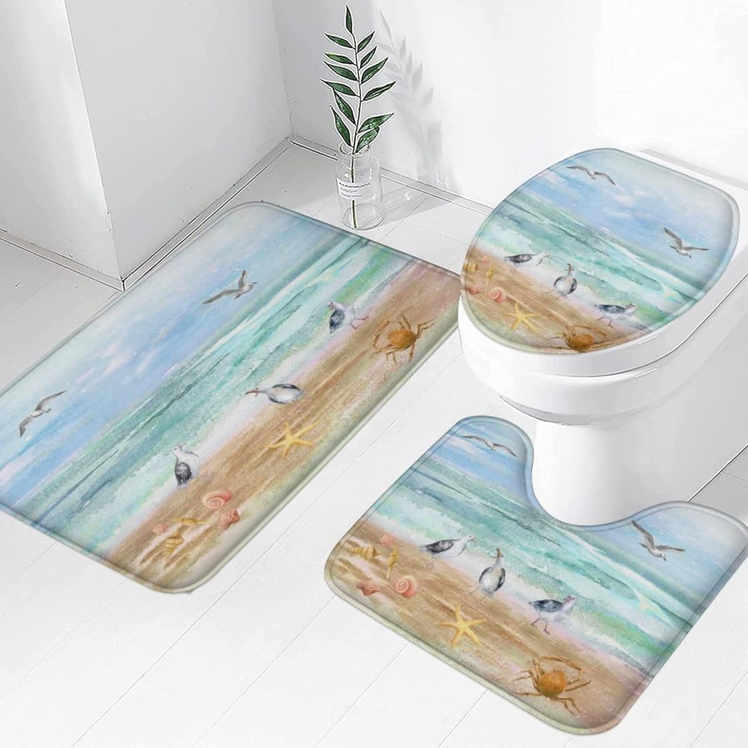 Summer Beach Sea Gull Bath Rug Sets 3 Piece Marine Animals Starfish ...