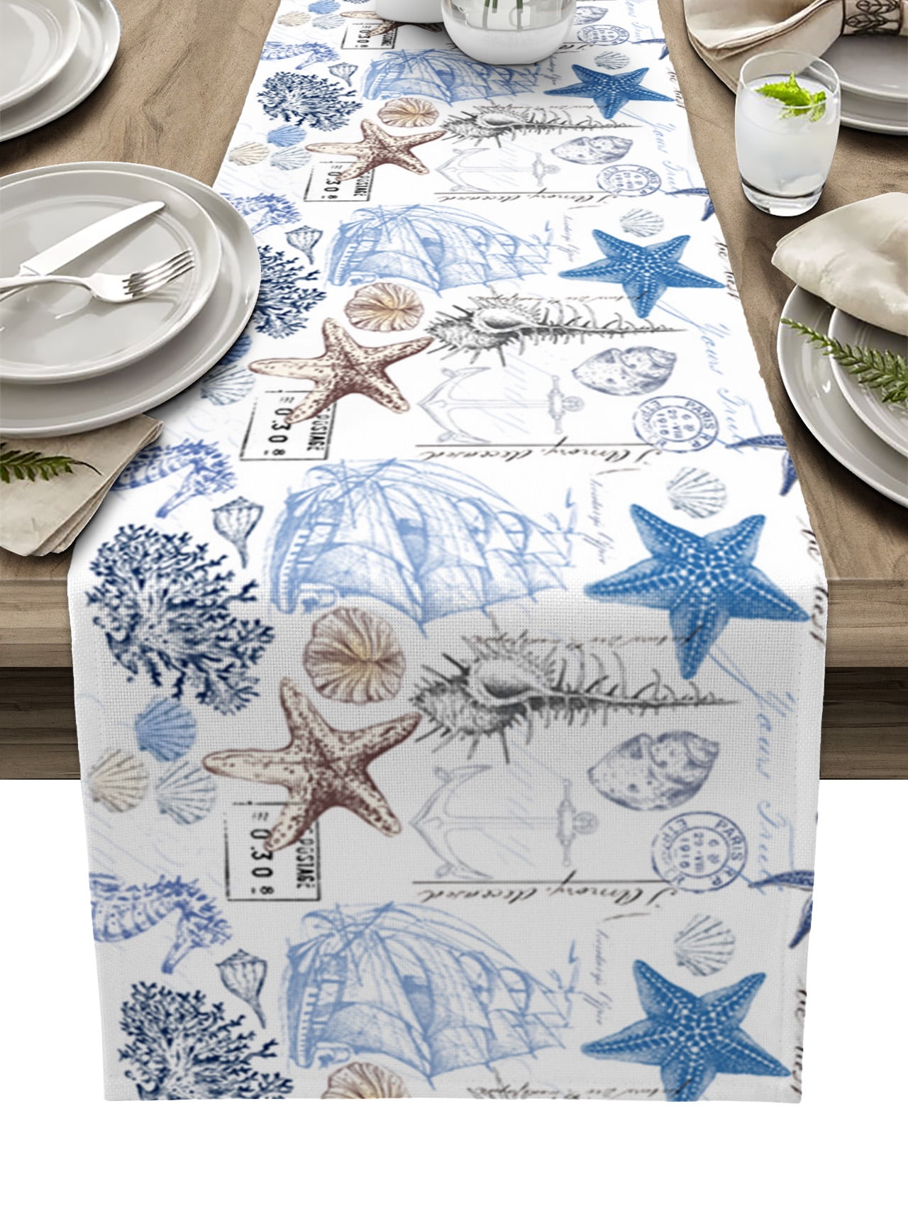 Summer Beach Sea Life Coral Table Runner Cotton Linen Kitchen Dining ...