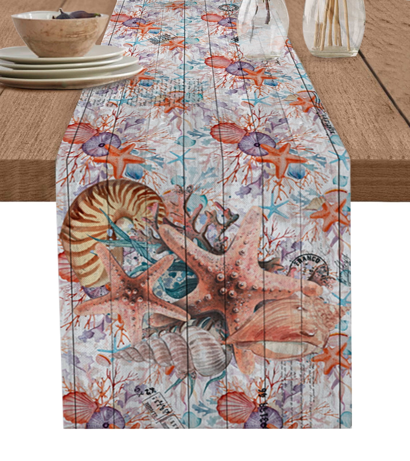 Summer Beach Sea Life Coral Table Runner Cotton Linen Kitchen Dining ...