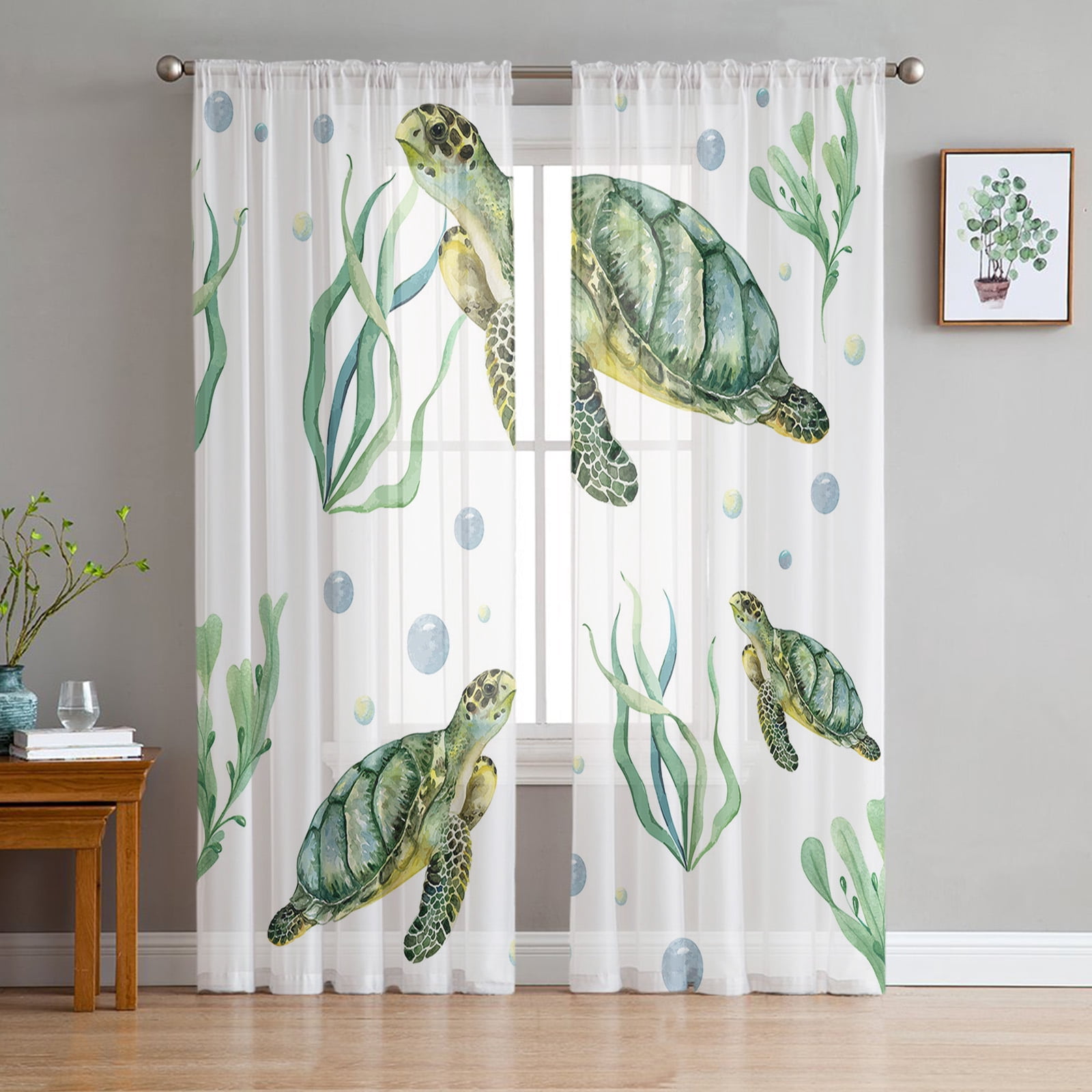 Summer Beach Sea Turtle Wood Grain Sheer Curtains for Living Room ...