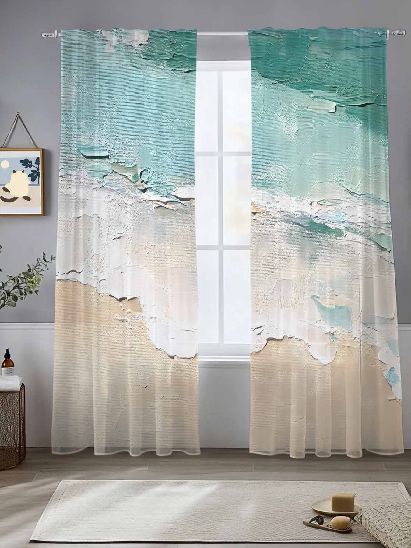 Summer Beach Sheer Curtains 108 Inches Long 2 Panels Teal Beige Ombre ...