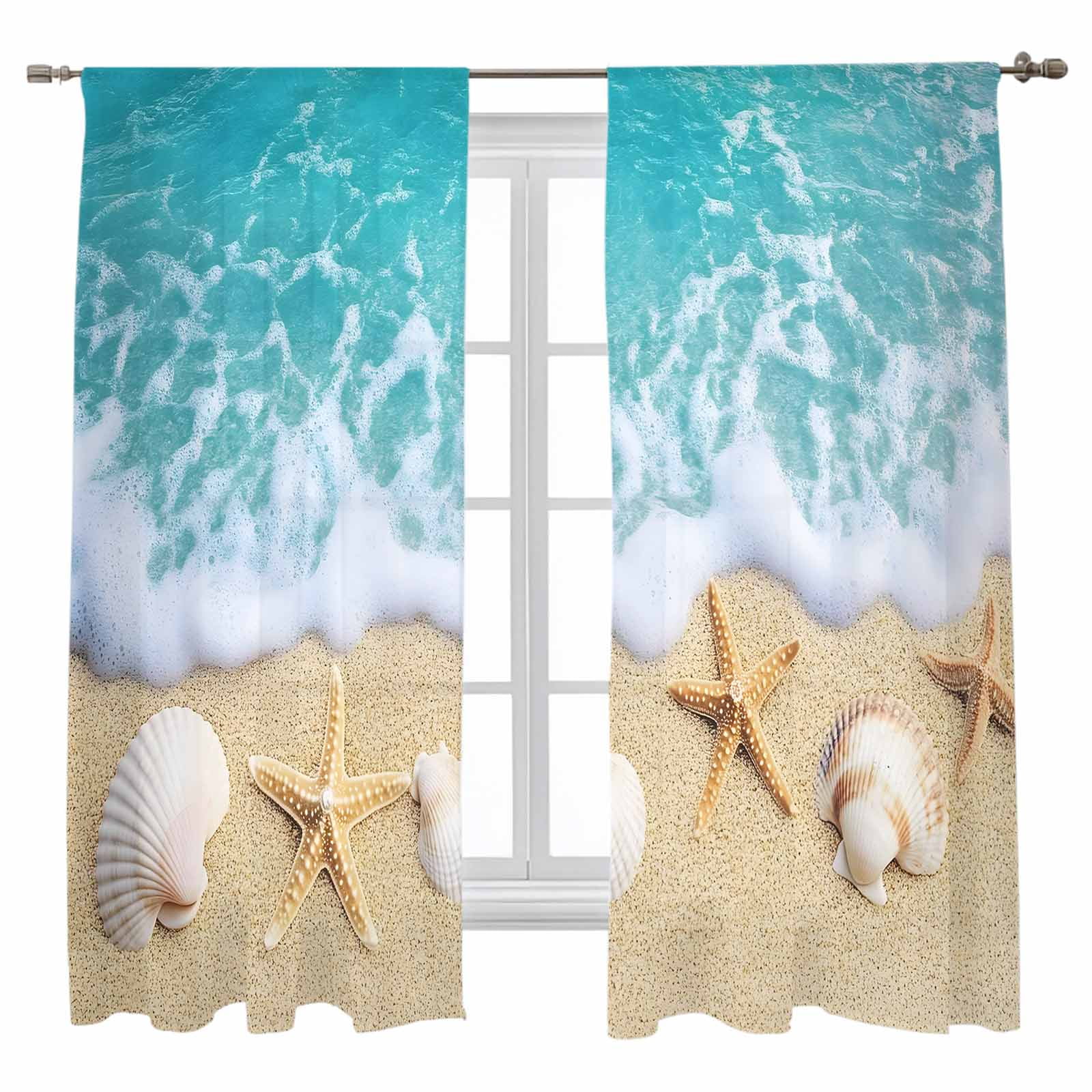 Summer Beach Sheer Curtains 2 Panels Set, Ocean Shell Starfish Window ...