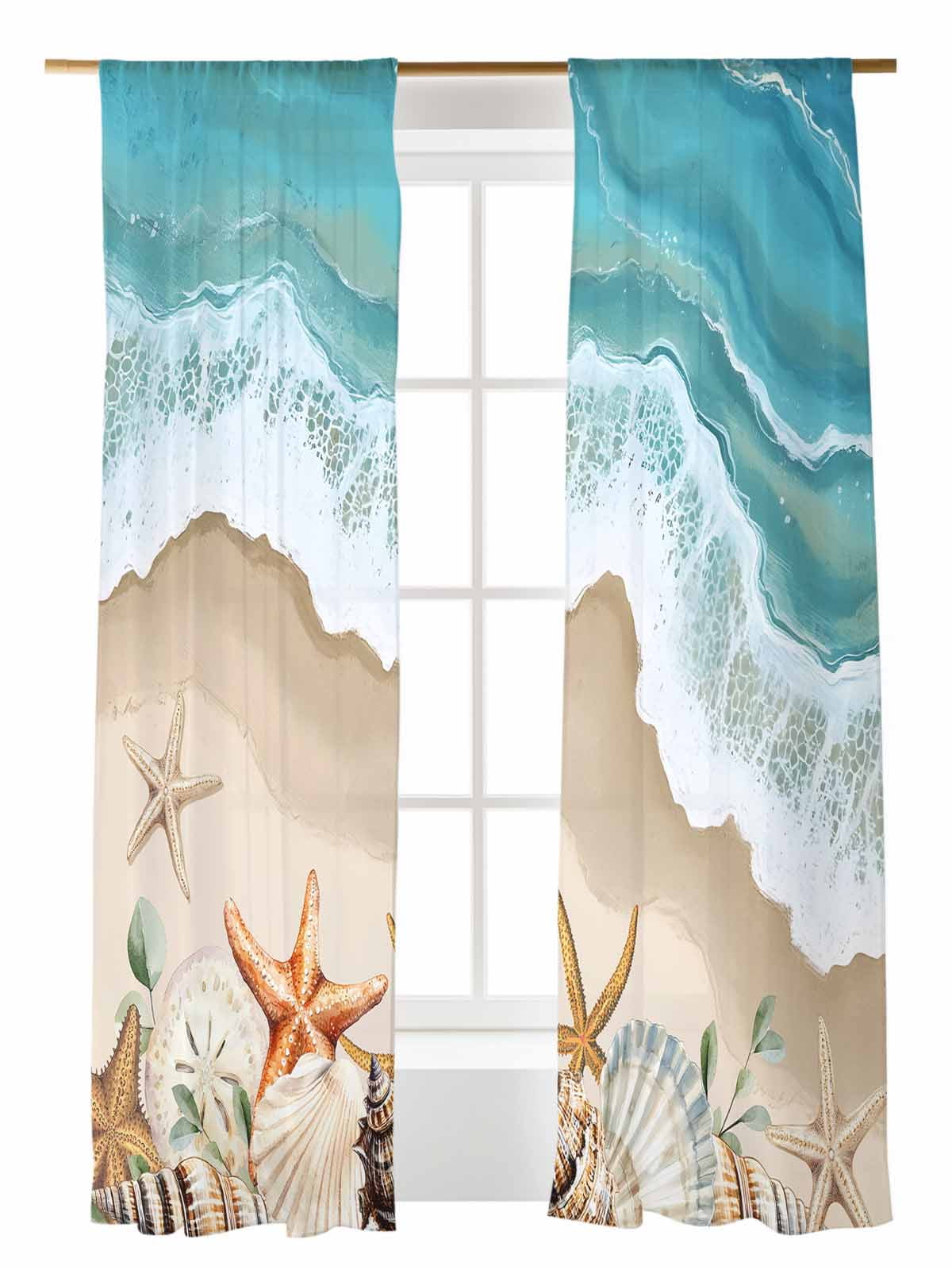 Summer Beach Sheer Curtains 2 Panels Set Spray Ocean Waves Sand ...