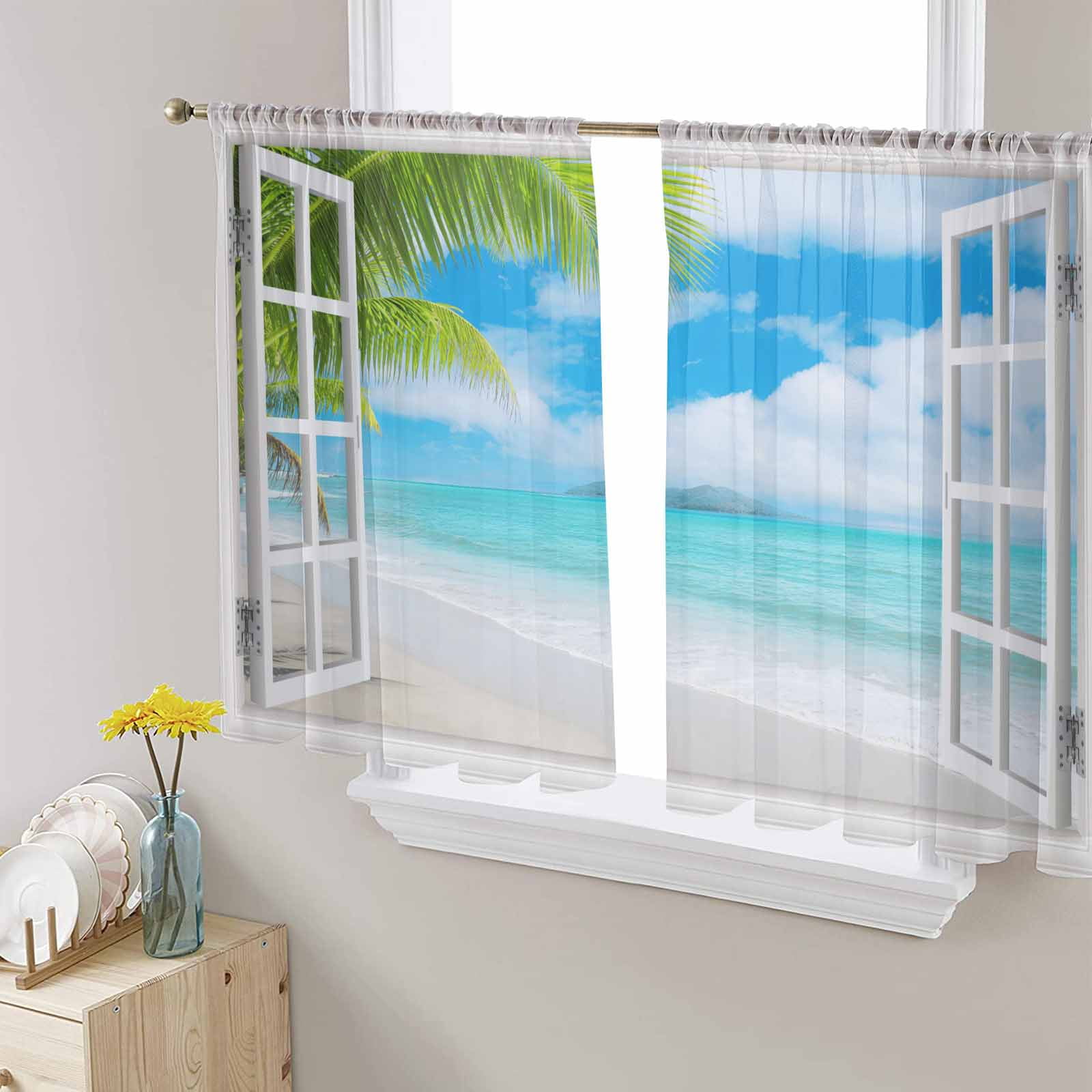 Summer Beach Sheer Curtains 54 Inches Length 2 Panels Set, Window Sheer ...