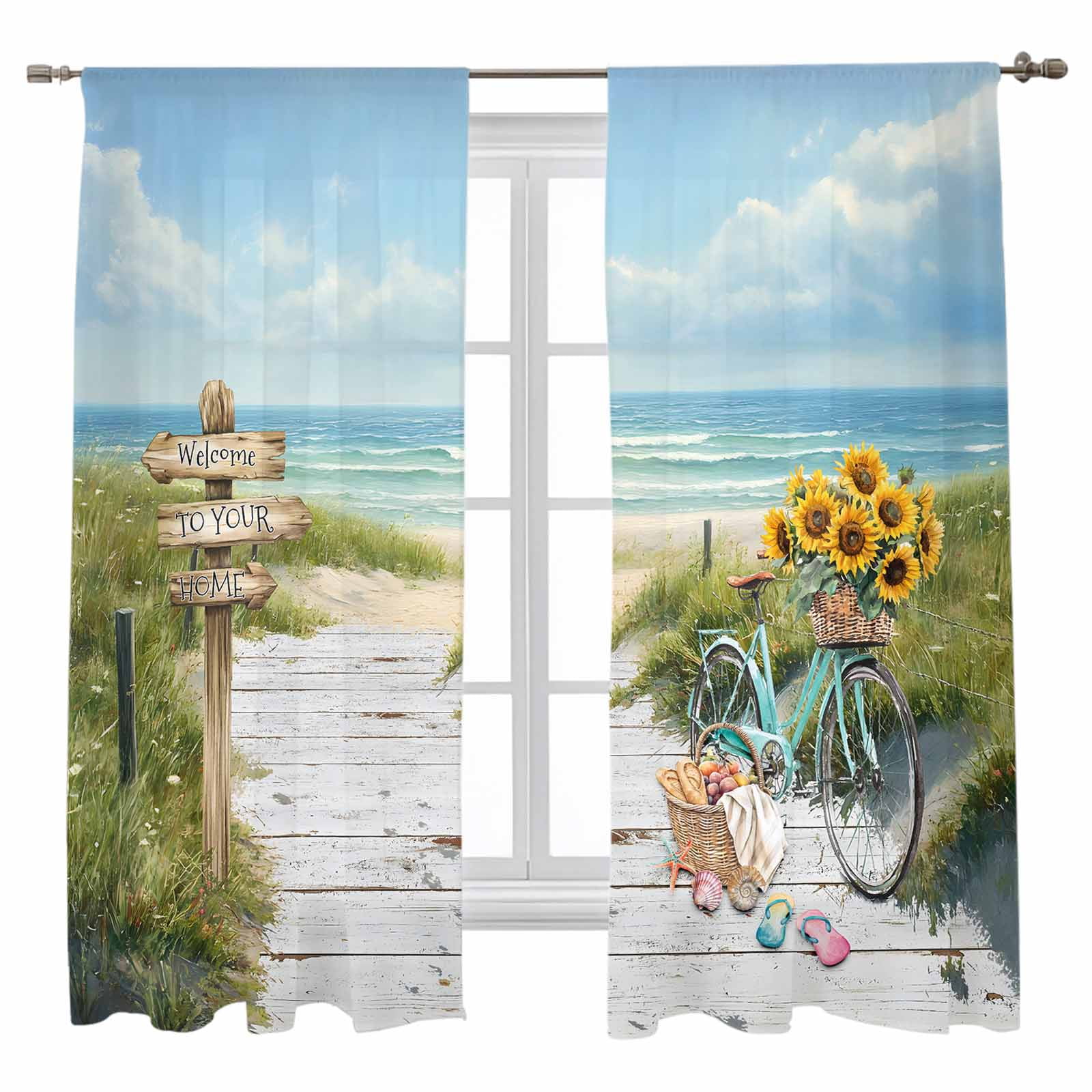 Summer Beach Sheer Curtains 72 inches Long, Bike Sunflower Vacation Grass Planks Light Filtering ...