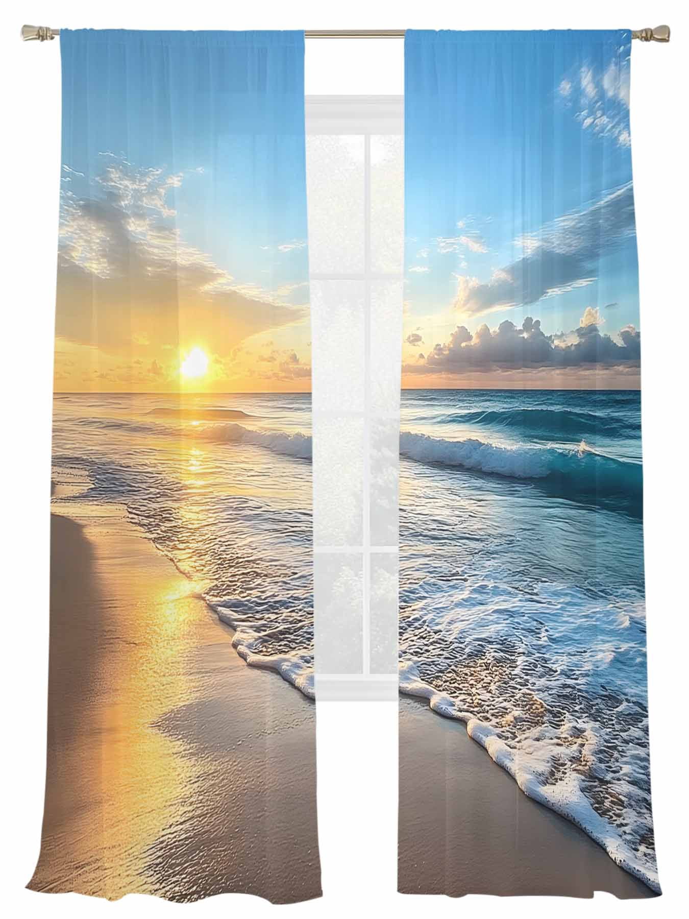 Summer Beach Sheer Curtains 84 Inch Length 2 Panels Set, Semi ...
