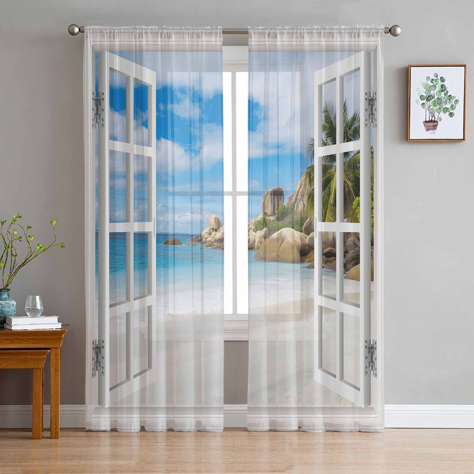 Summer Beach Sheer Curtains 96 Inches Long 2 Panels Set, Window Sheer ...