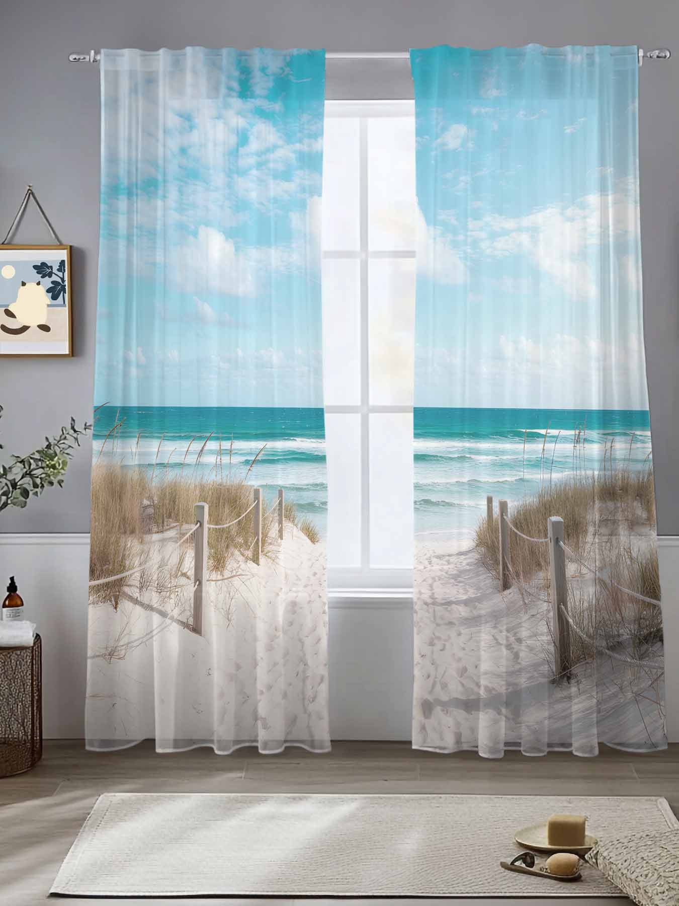 Summer Beach Sheer Curtains for Living Room Bedroom Coastal Ocean ...