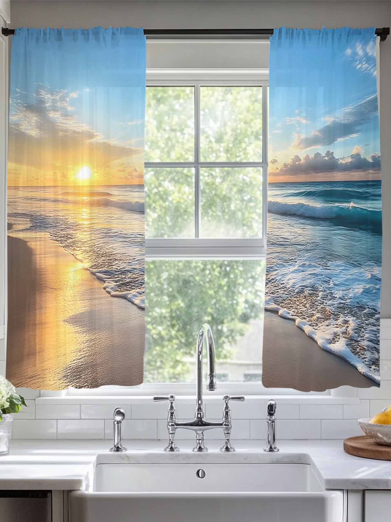 Summer Beach Sheer Curtains for Living Room Bedroom Sunset Ocean ...