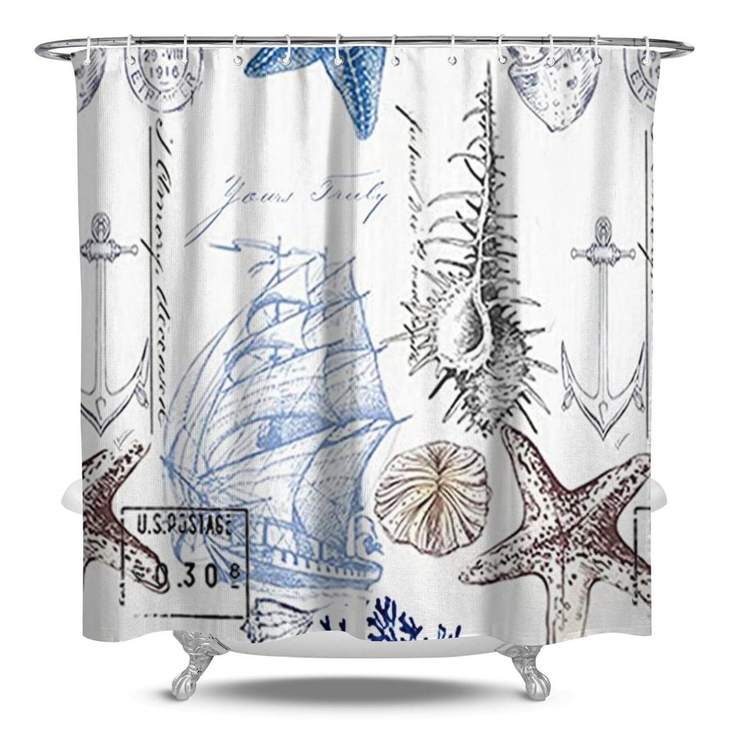 Summer Beach Shower Curtain 84" x 72" Waterproof Seaside Sand Starfish ...