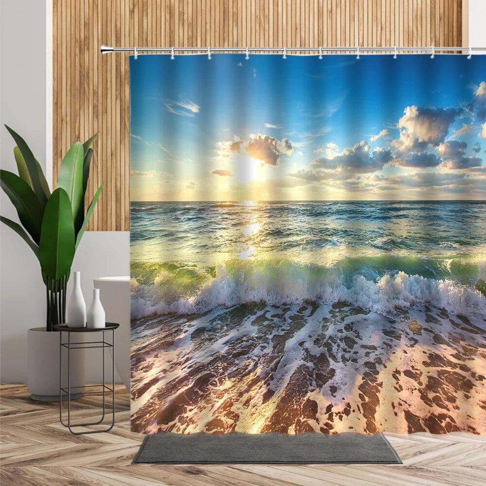 Summer Beach Shower Curtain Blue Sea Shell Ocean Waves Landscape