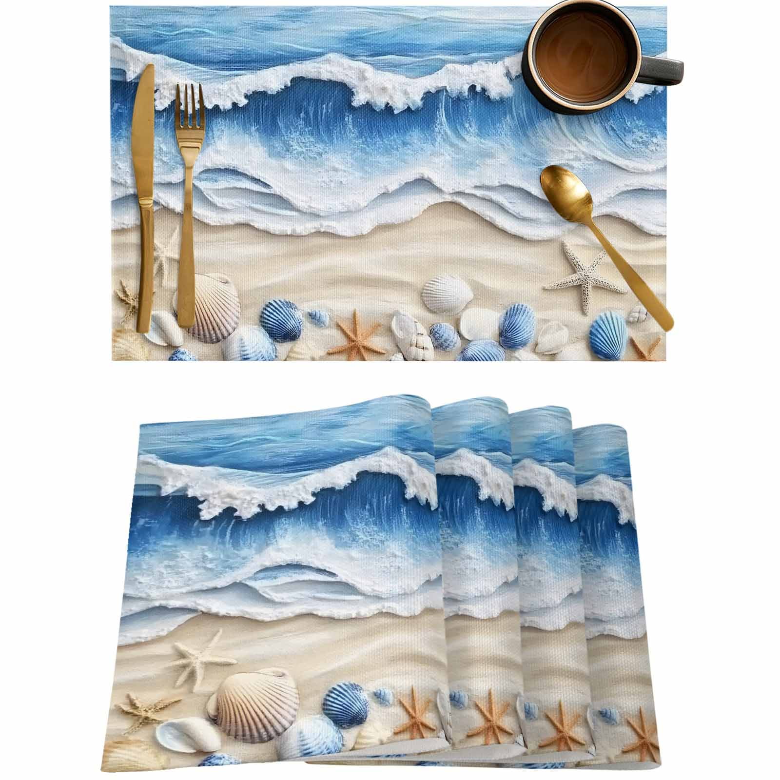 Summer Beach Starfish Shell Placemats Set of 4,Wipeable Washable Table ...