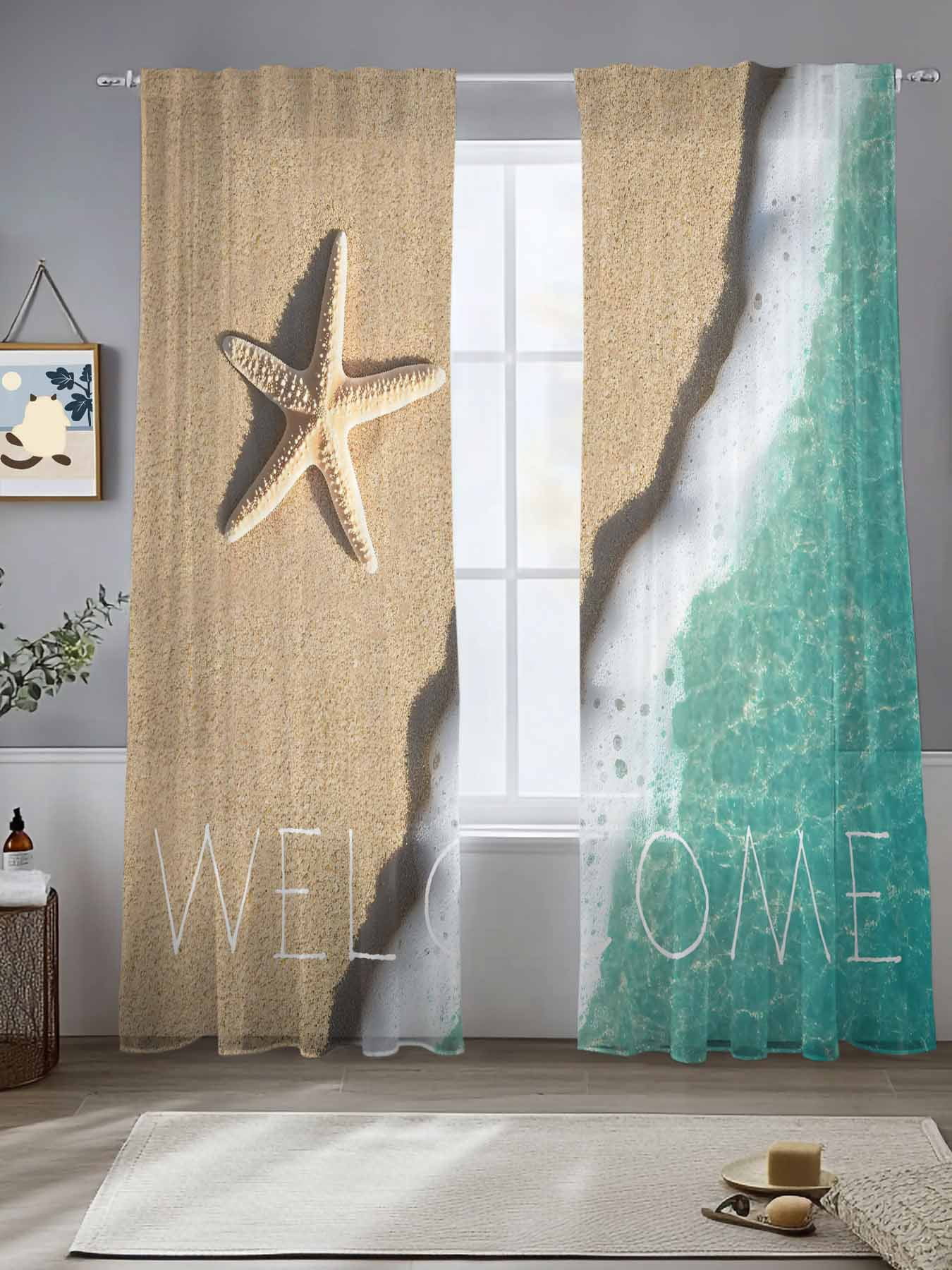 Summer Beach Starfish Teal Seawater Chiffon Sheer Curtains 96 Inches ...