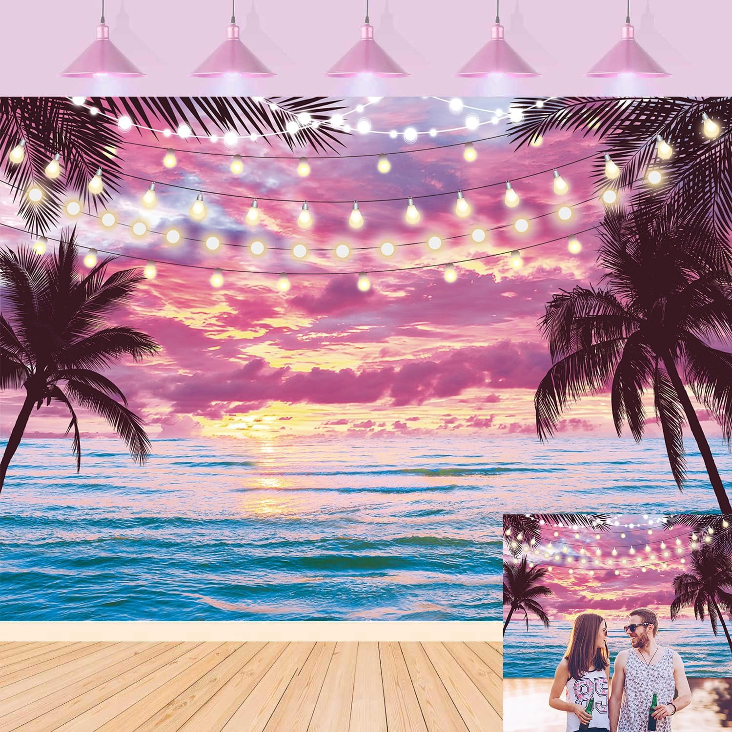 Summer Beach Sunset Backdrop Hawaiian Tropical Palm Trees Seaside Pink ...