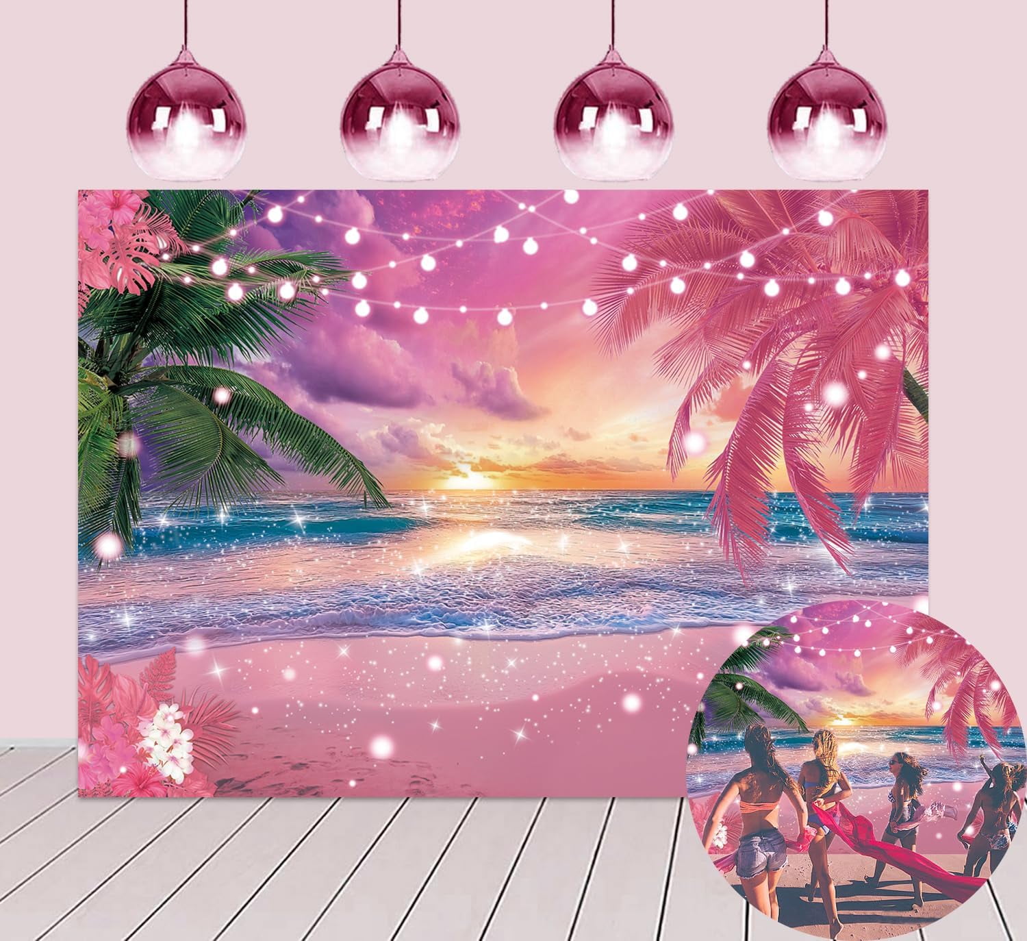Summer Beach Sunset Backdrop Pink Tropical Hawaii Luau Seaside Palm ...