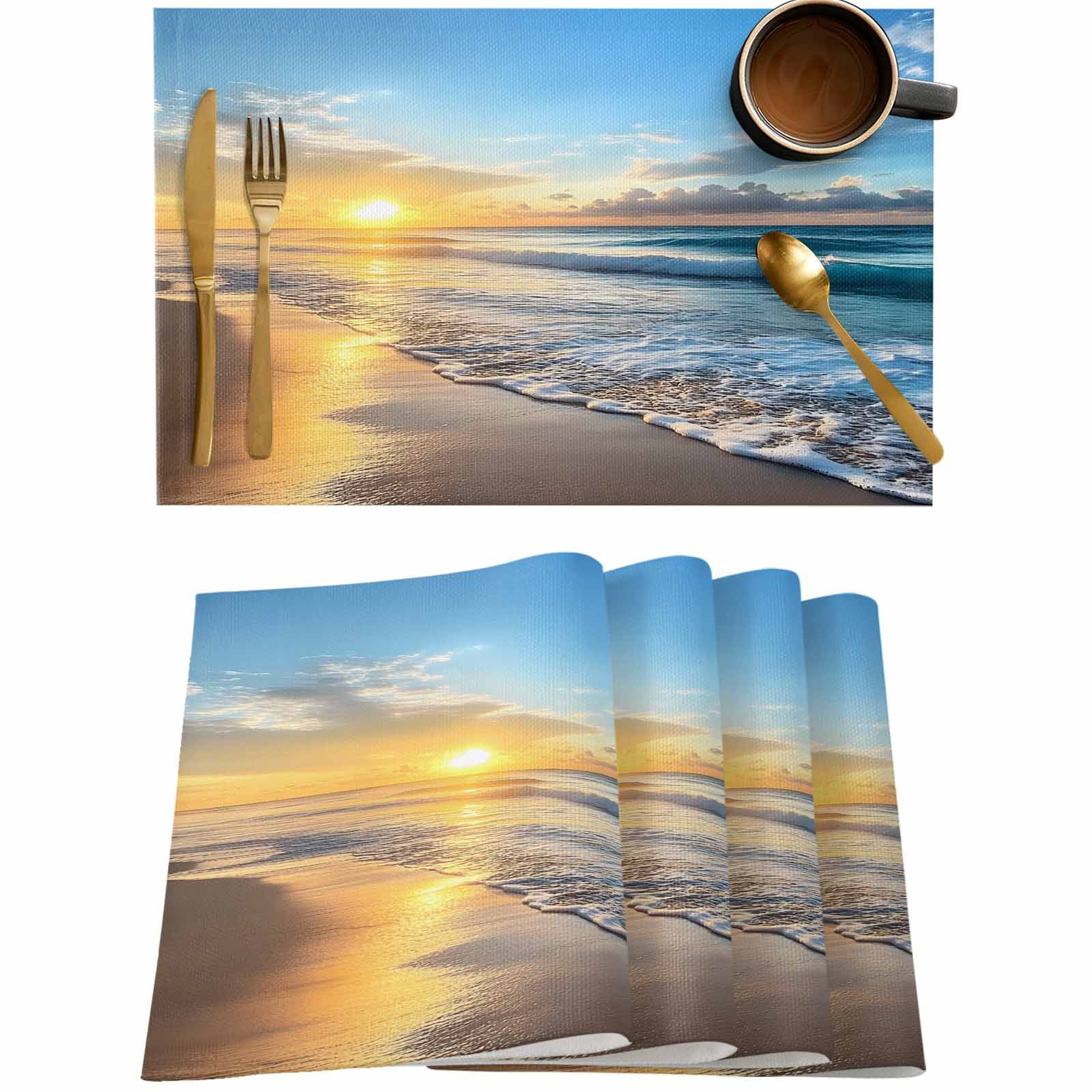 Summer Beach Sunset Waves Placemats Set of 4,Wipeable Washable Table ...