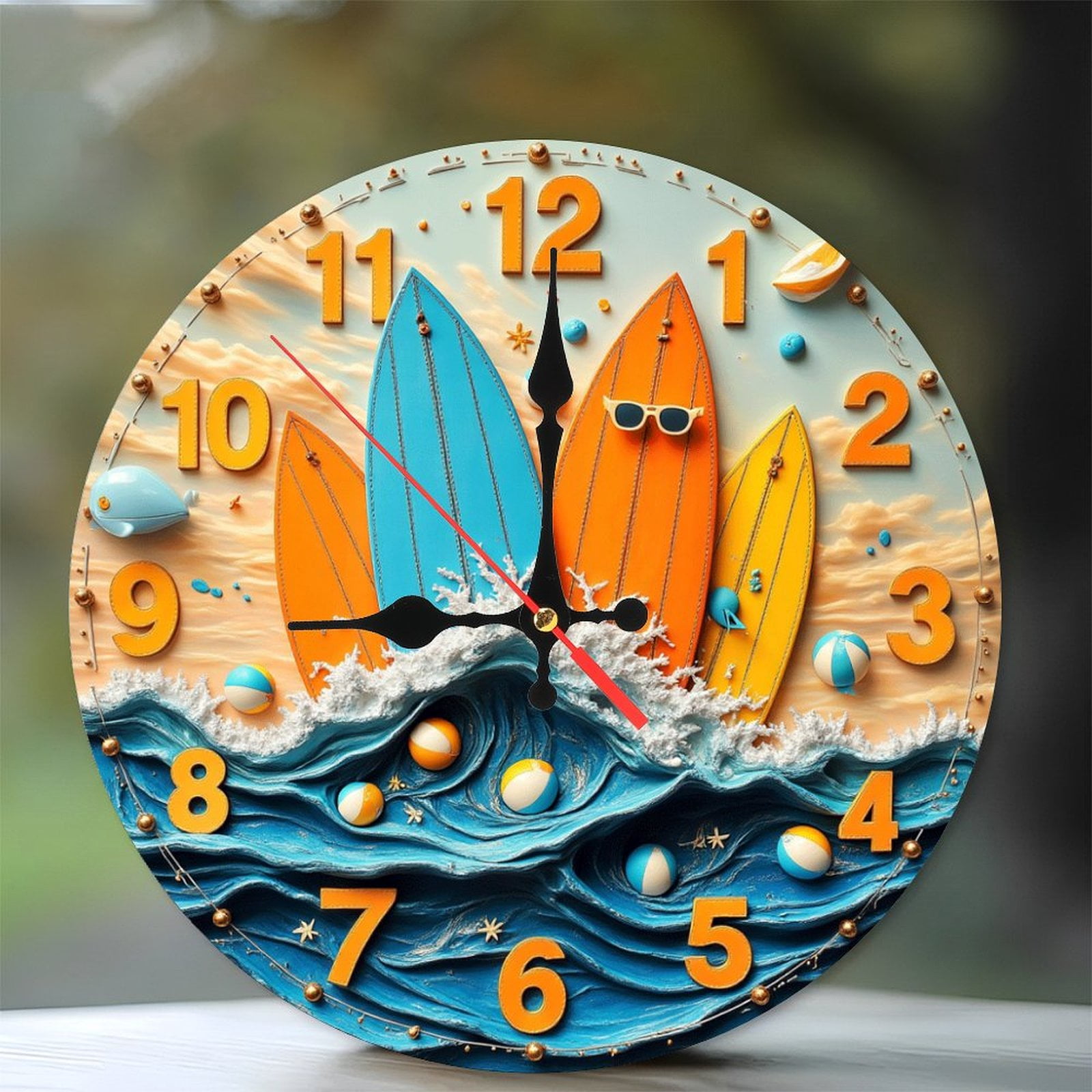 Summer Beach Surfboard Clock Wall Decor Ocean Wave 10-Inch Silent ...