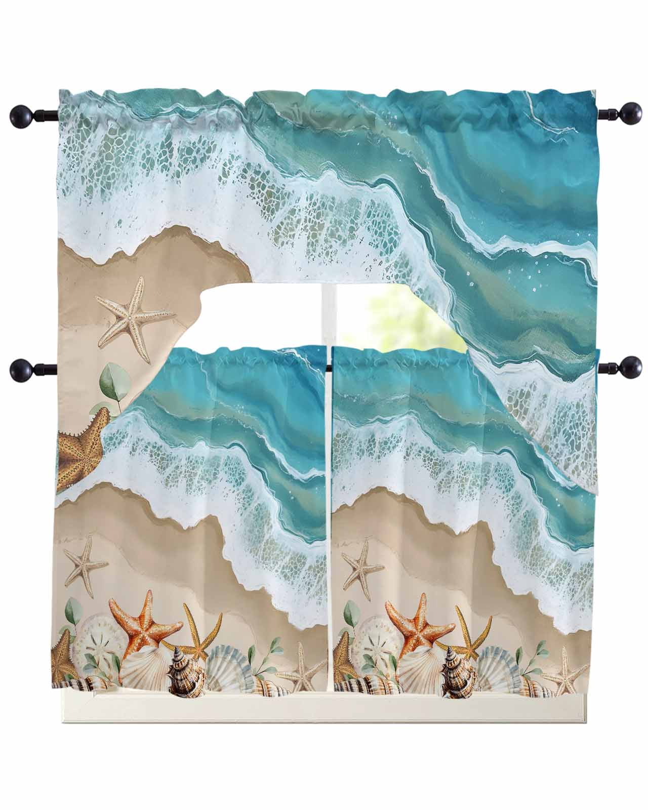 Summer Beach Swag Valance and Tier Curtains Set Spray Ocean Waves Sand ...