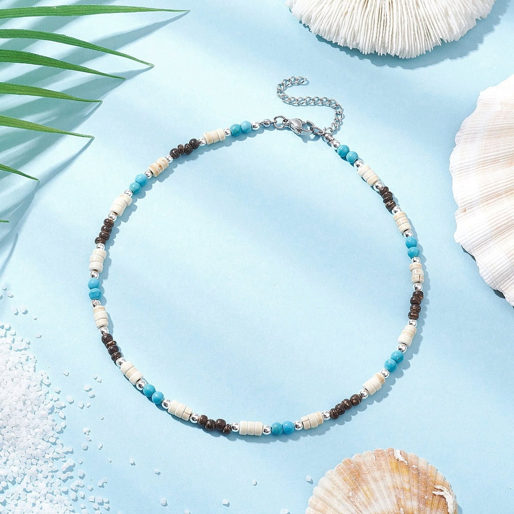 Summer Beach Synthetic Turquoise & Natural Coconut Round Heishi Beaded Necklaces with 304 ...