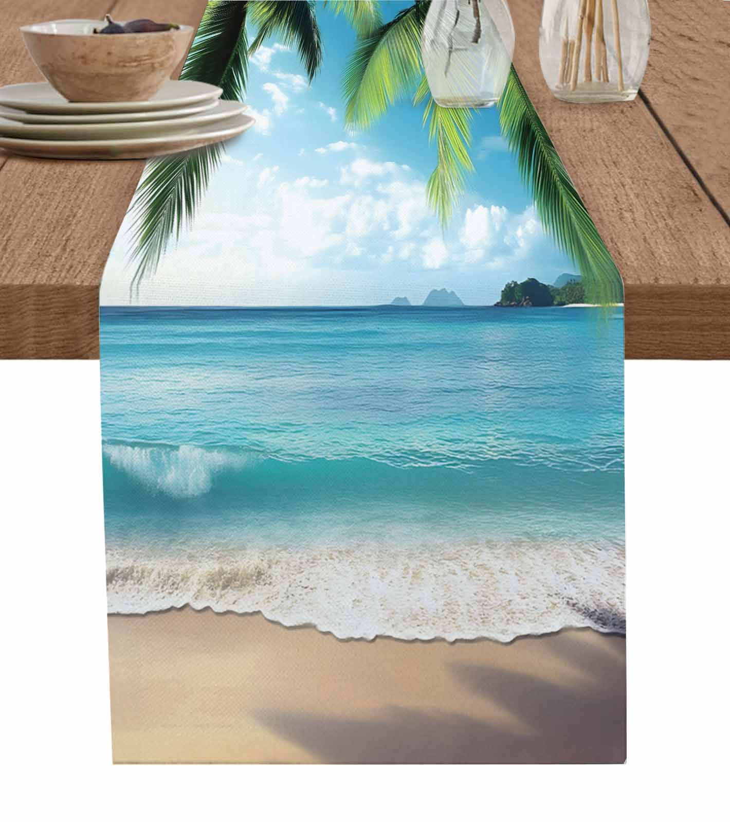 Summer Beach Table Runner 120 Inches, Ocean Tropical Palm Tree Seaside ...