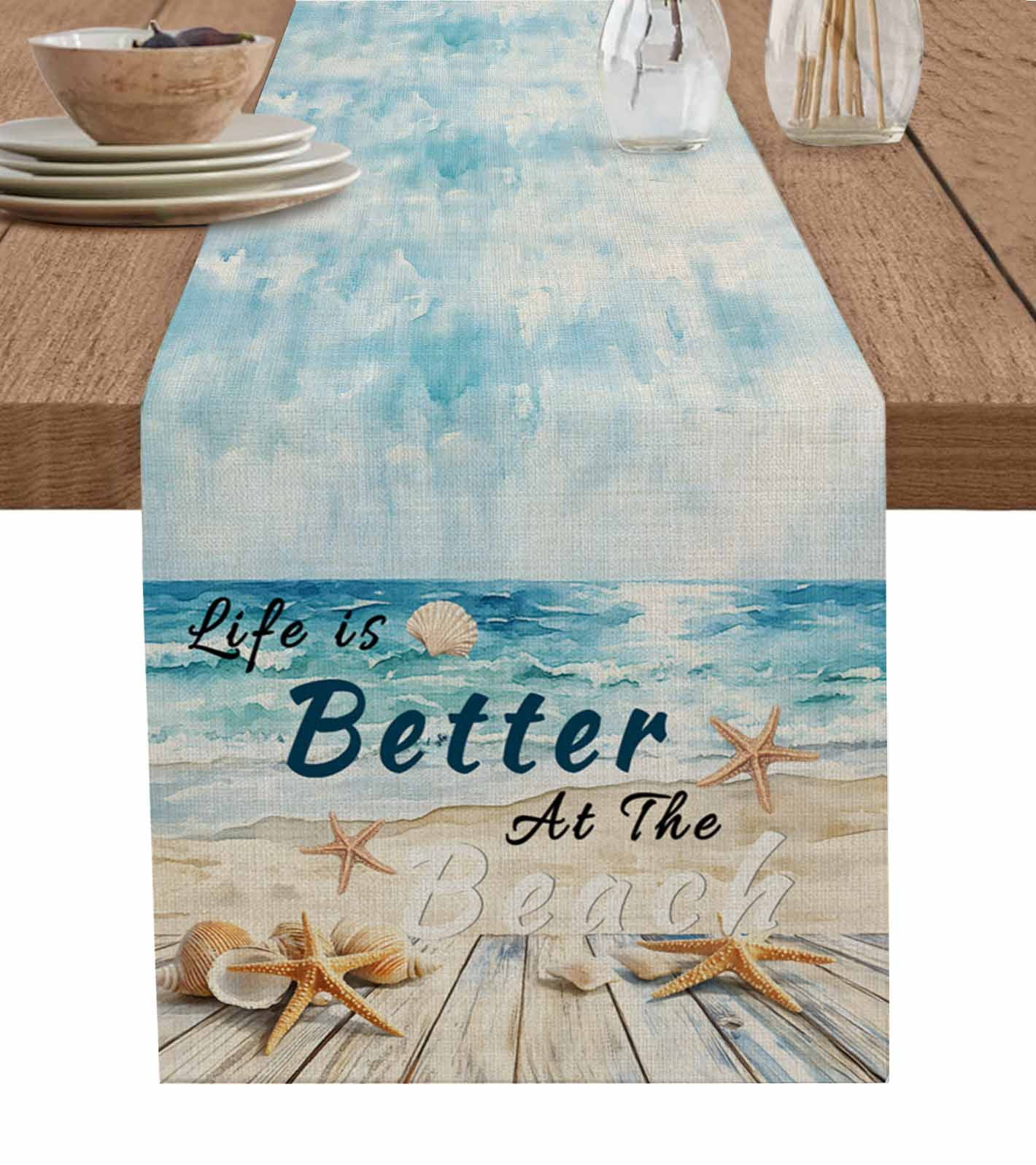 Summer Beach Table Runner 60 Inches, Watercolor Ocean Waves Starfish ...