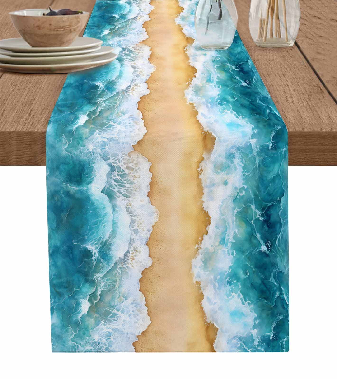 Summer Beach Table Runner 70 Inches, Coastal Teal Ocean Sea Wave ...