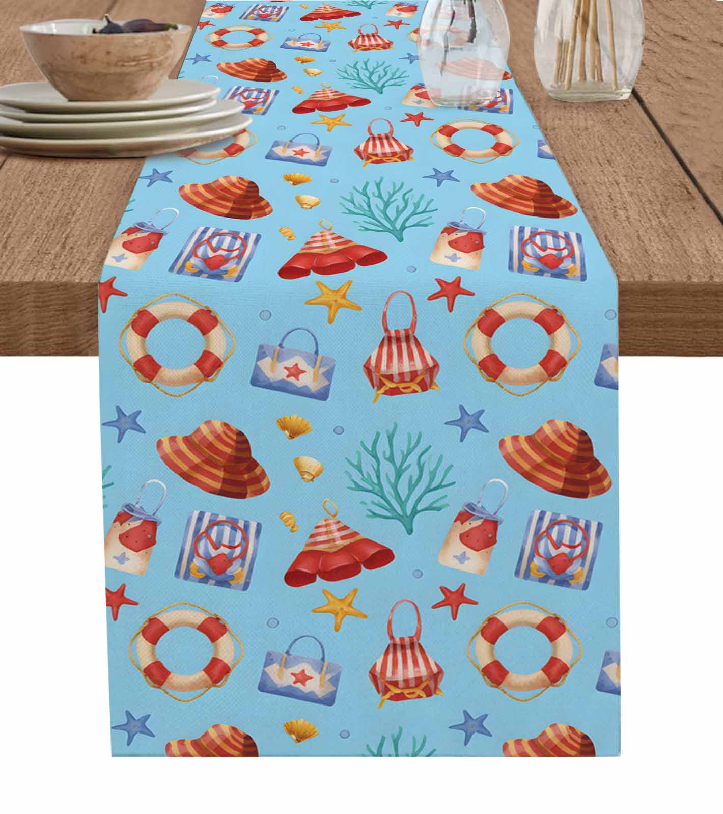 Summer Beach Table Runner 72 Inches, Blue Tropical Coastal Starfish ...