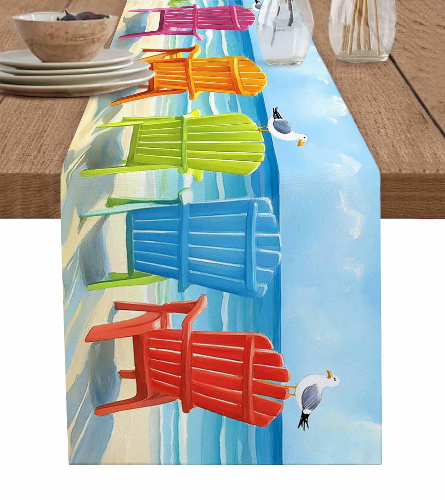 Summer Beach Table Runner 72 Inches, Retro Blue Green Coast Waves Oil ...