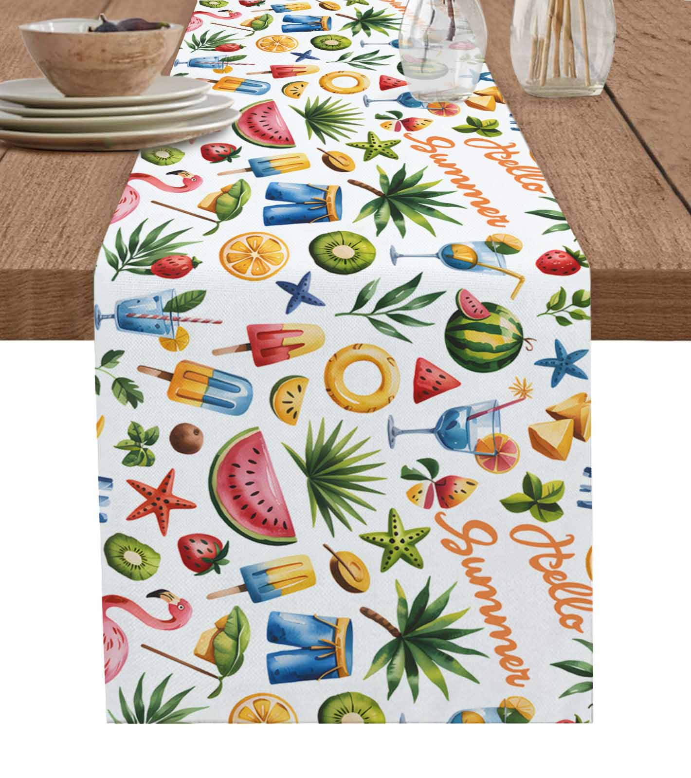 Summer Beach Table Runner 72 Inches, Tropical Coconut Watermelon Lemon ...