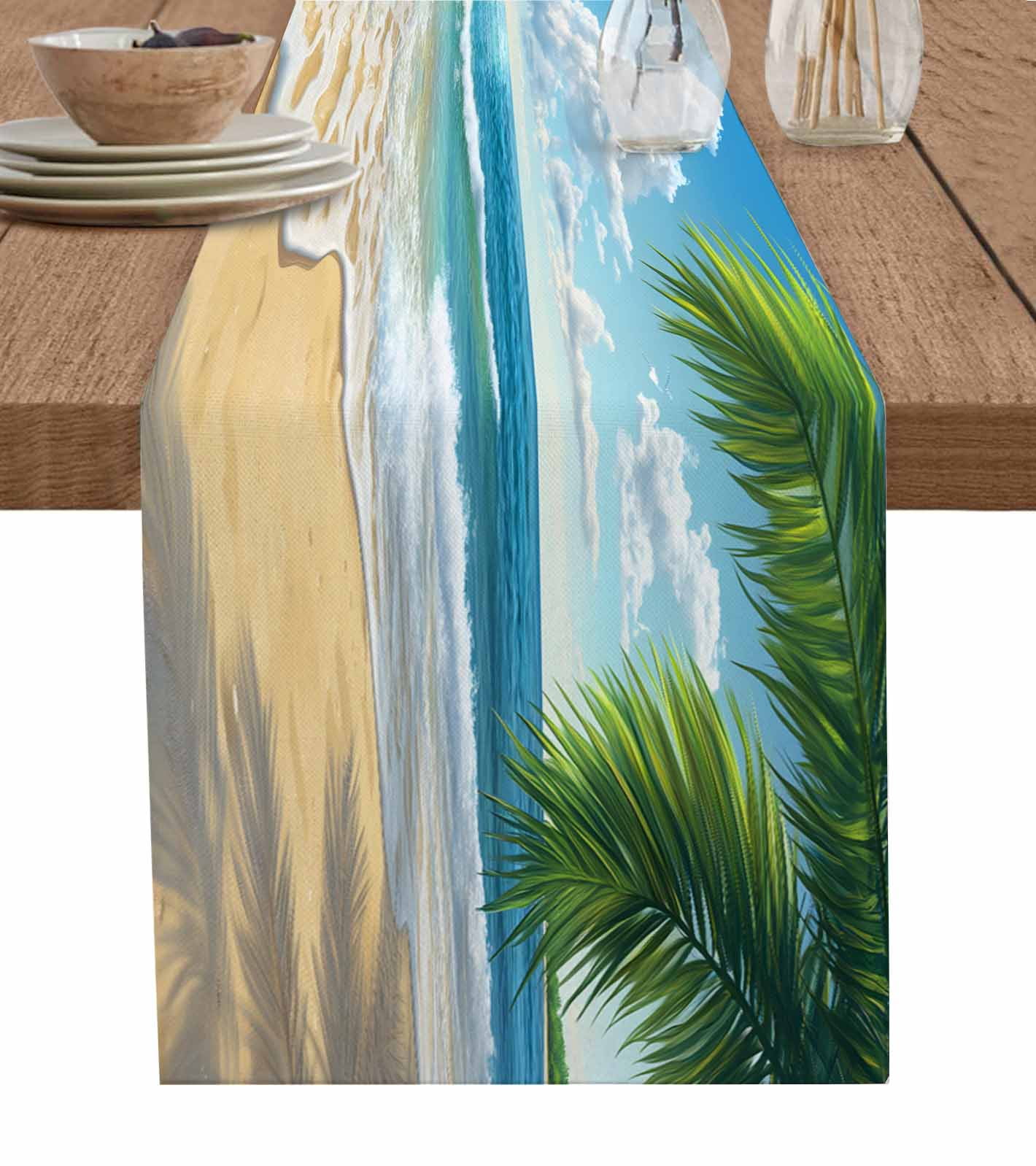 Summer Beach Table Runner 90 Inches, Coastal Ocean Tropical Palm Trees ...