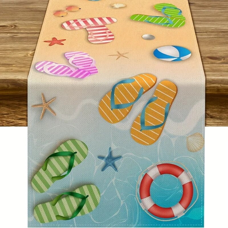Summer Beach Theme Linen Table Runners Flip Flops Seaside Themed ...