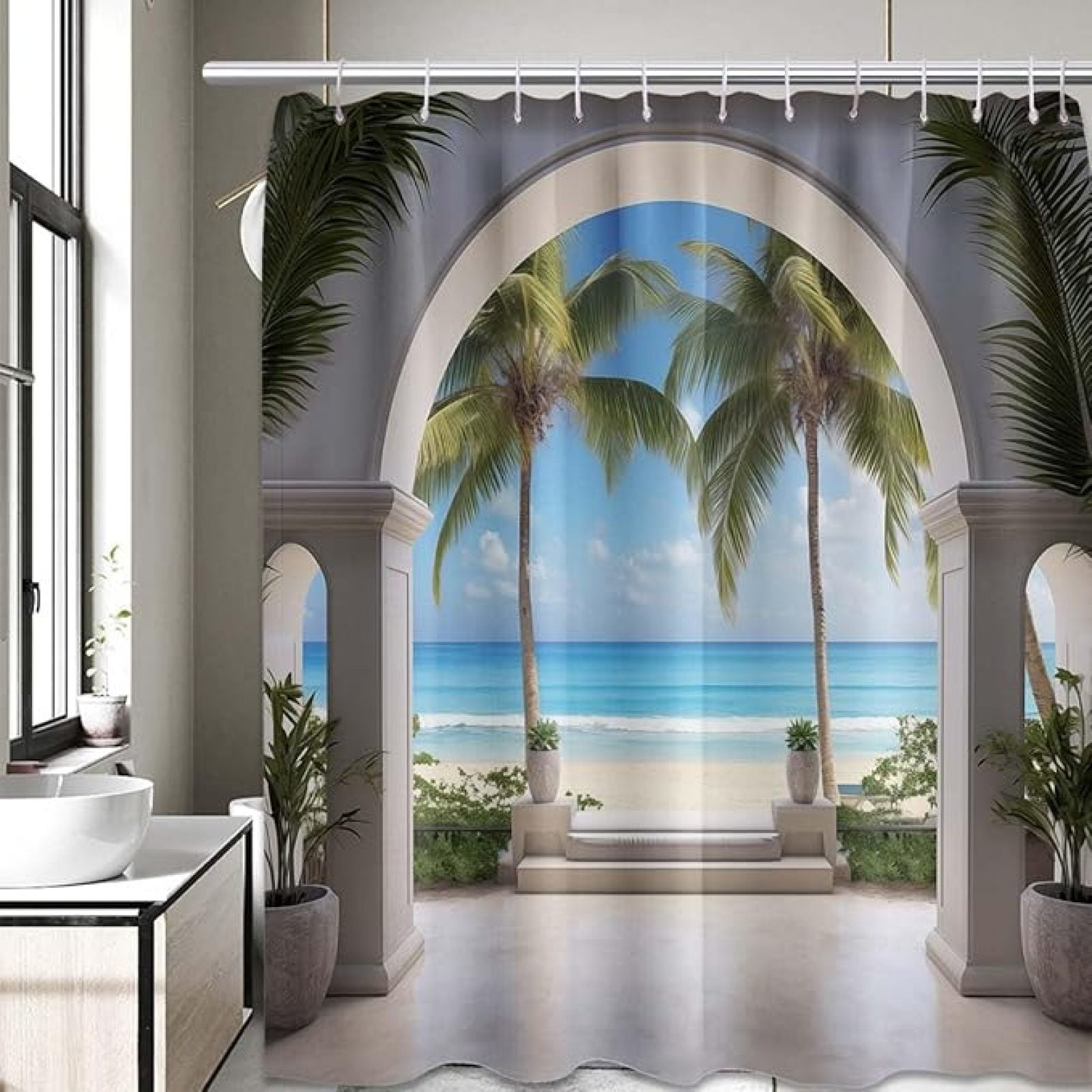 Summer Beach Theme Shower Curtain Beachy Coastal Palm Tree Pattern ...