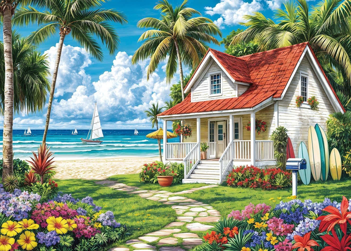 Summer Beach Vacation Surfing Coconut Trees Wooden Houses 1000 Piece ...