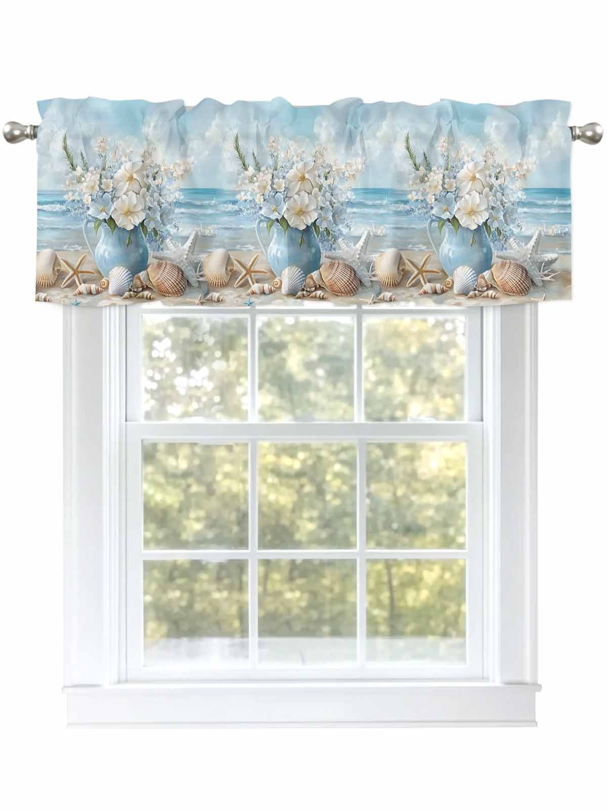 Summer Beach Valances for Windows Flower Vase Coastal Starfish Seashell Kitchen Valance Curtain ...