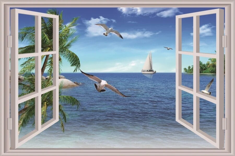 Summer Beach Window Background Hawaiian Tropical Ocean Island Palm ...