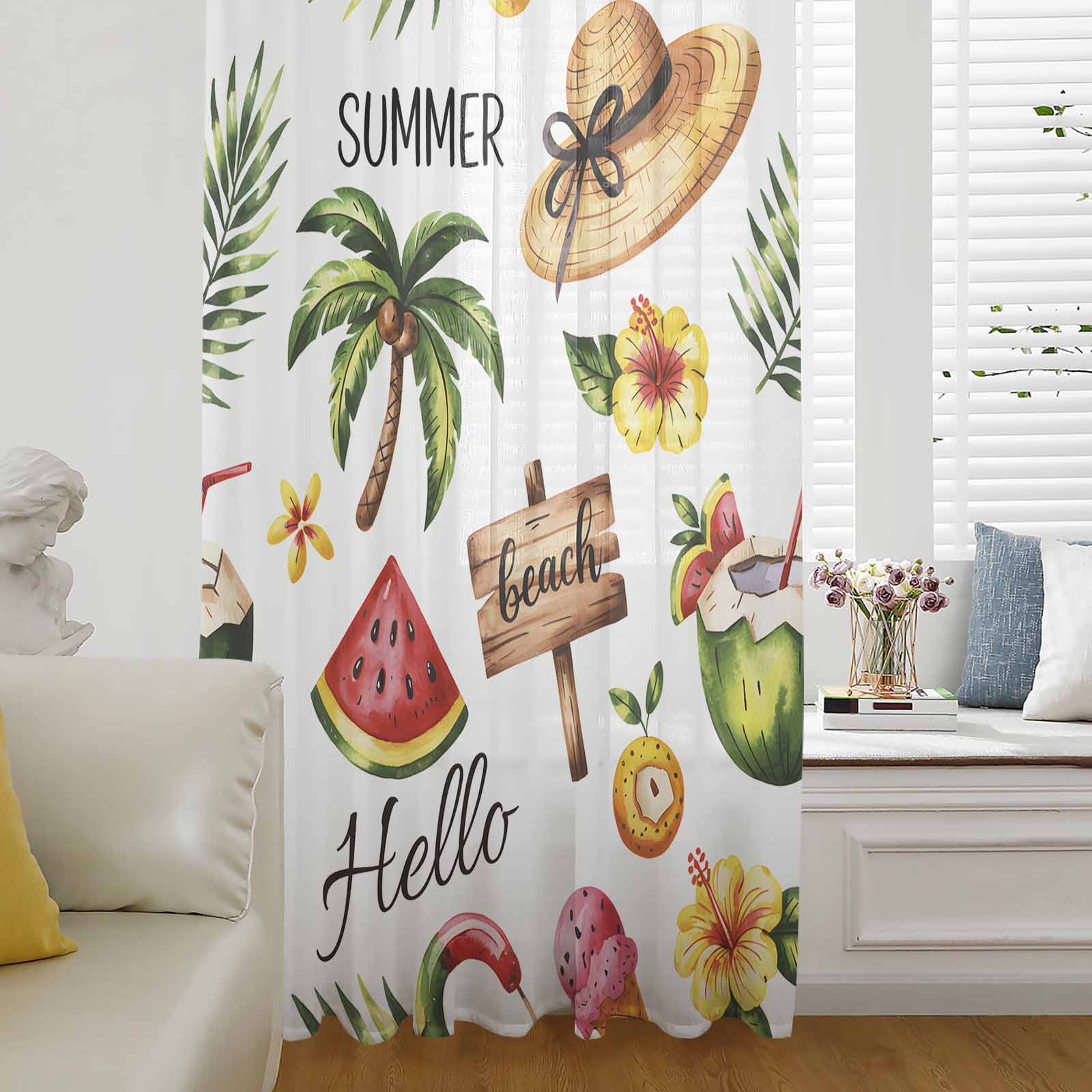 Summer Beach Window Curtain 108 Inches Long,Tropical Coconut Watermelon ...