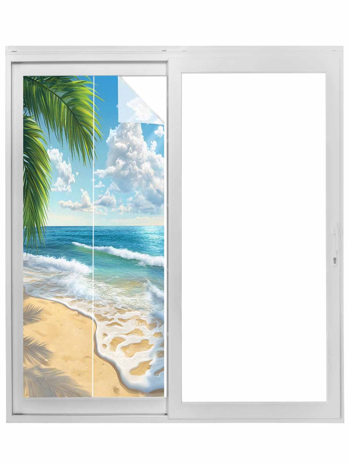 Summer Beach Window Privacy Film, Coastal Ocean Tropical Palm Trees ...