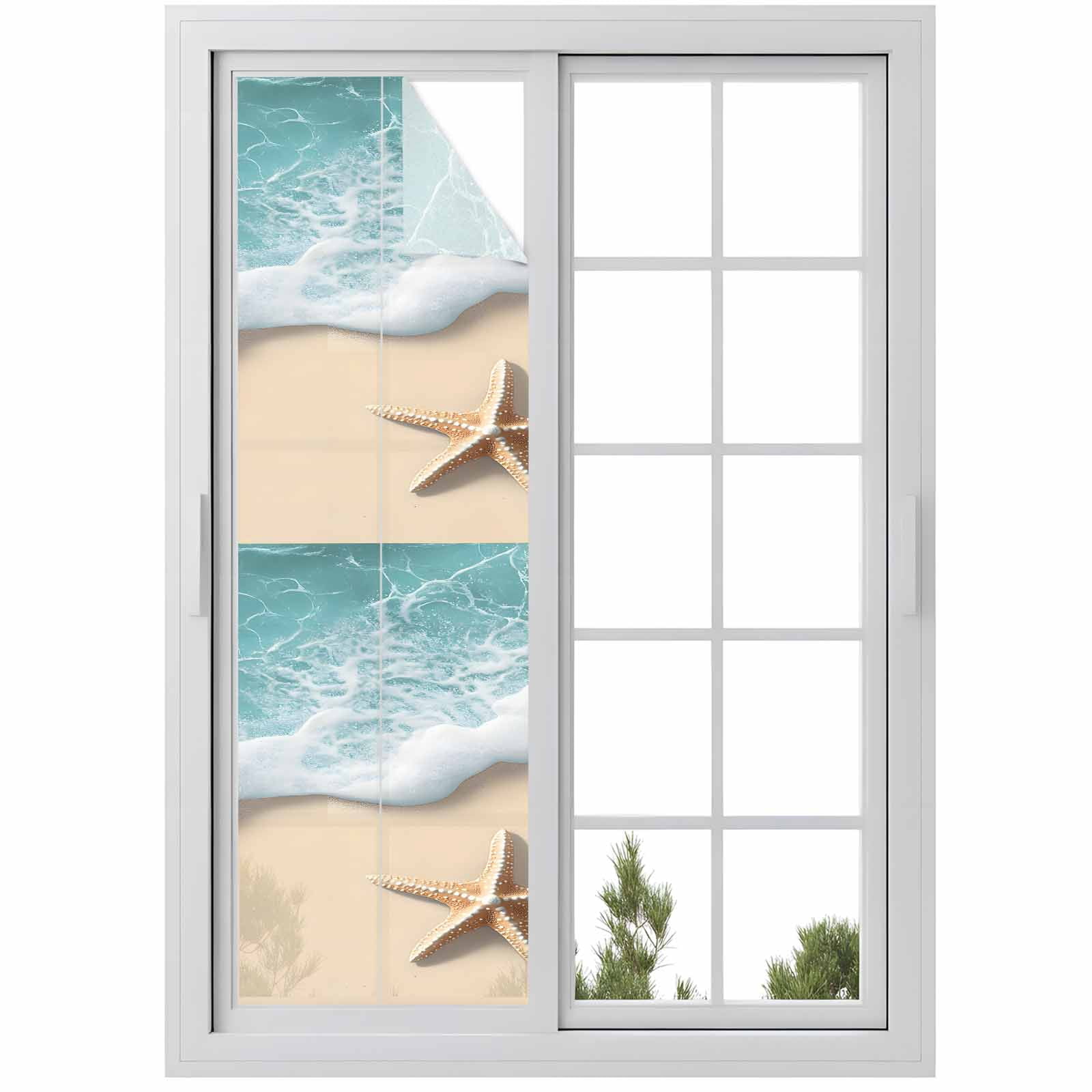 Summer Beach Window Privacy Film Starfish Ocean Waves Sand Blue Coastal ...