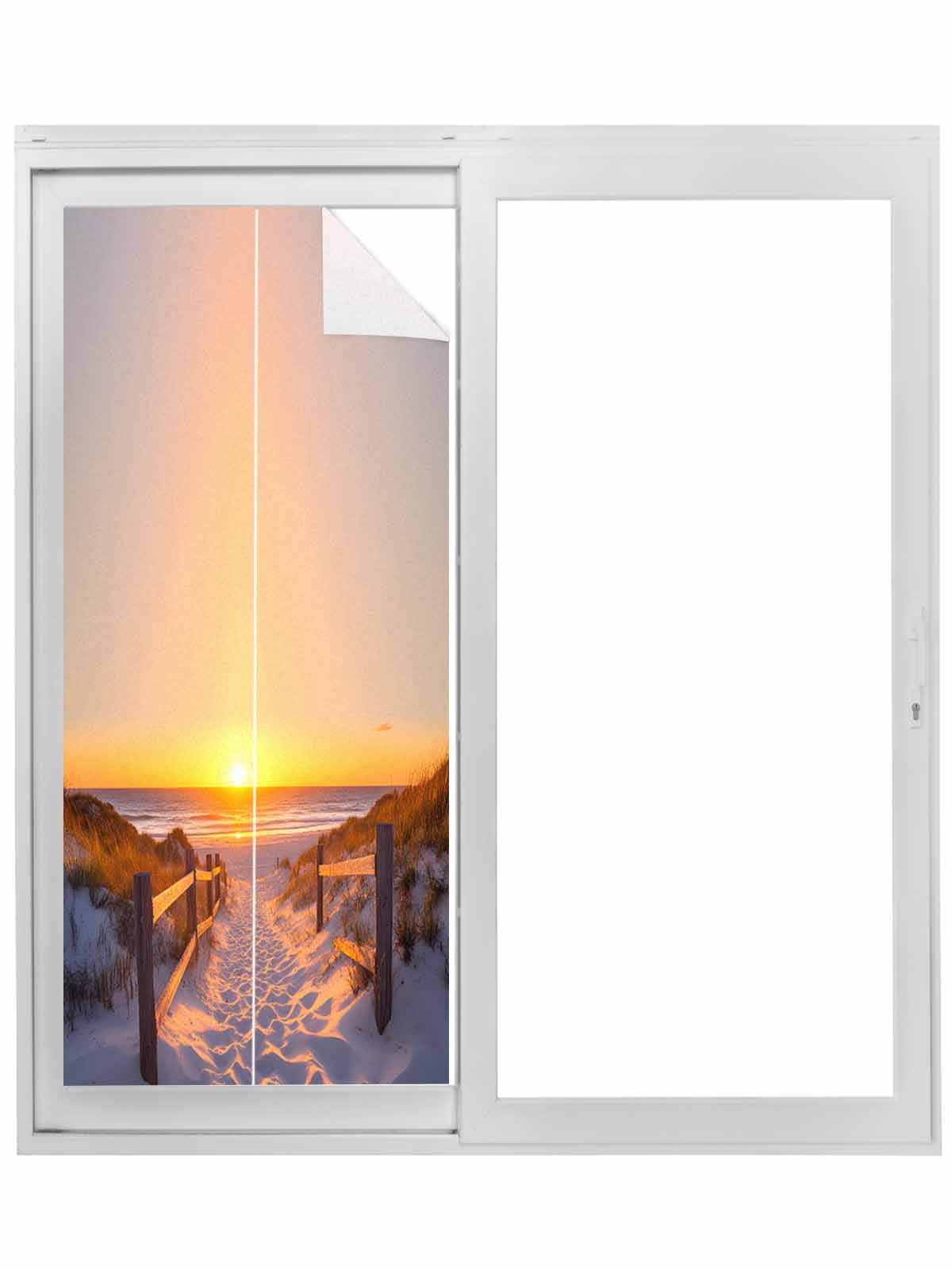 Summer Beach Window Privacy Film, Sunset Nautical Ocean Sea Static ...