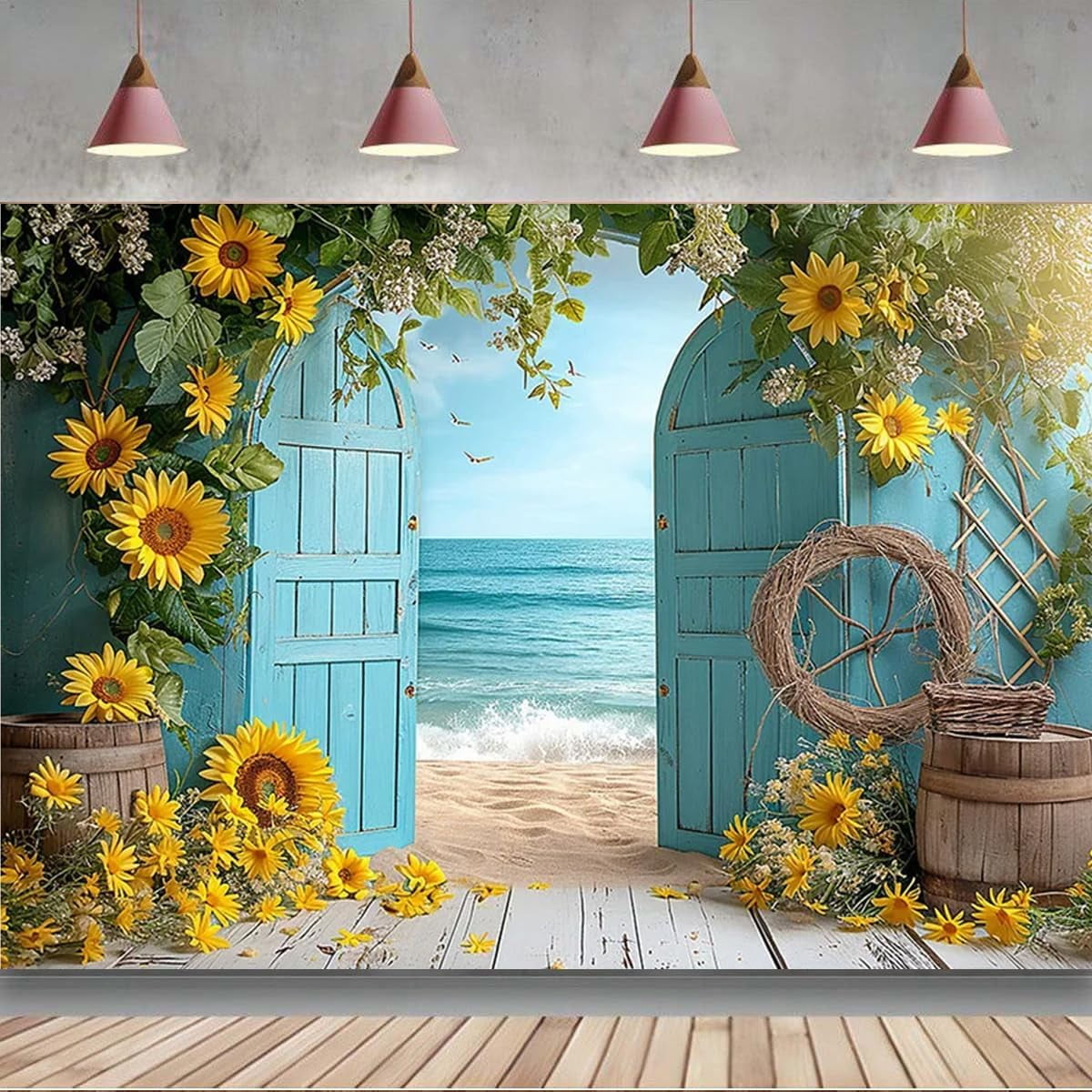 Summer Beach Yellow Sunflowers Backdrops Sea Palm Tree Hawaii Scenery ...