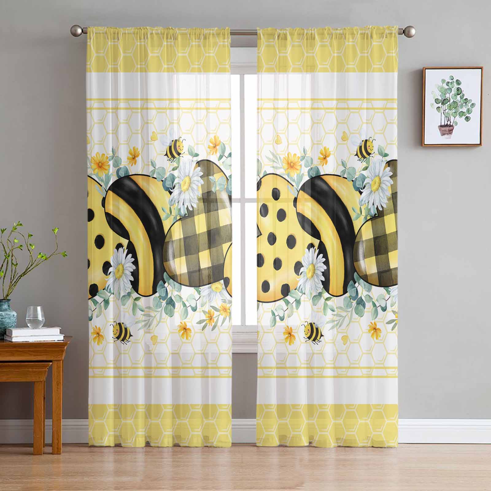 Summer Bee Daisy Flower Tulle Curtains for Living Room Sheer Curtain ...