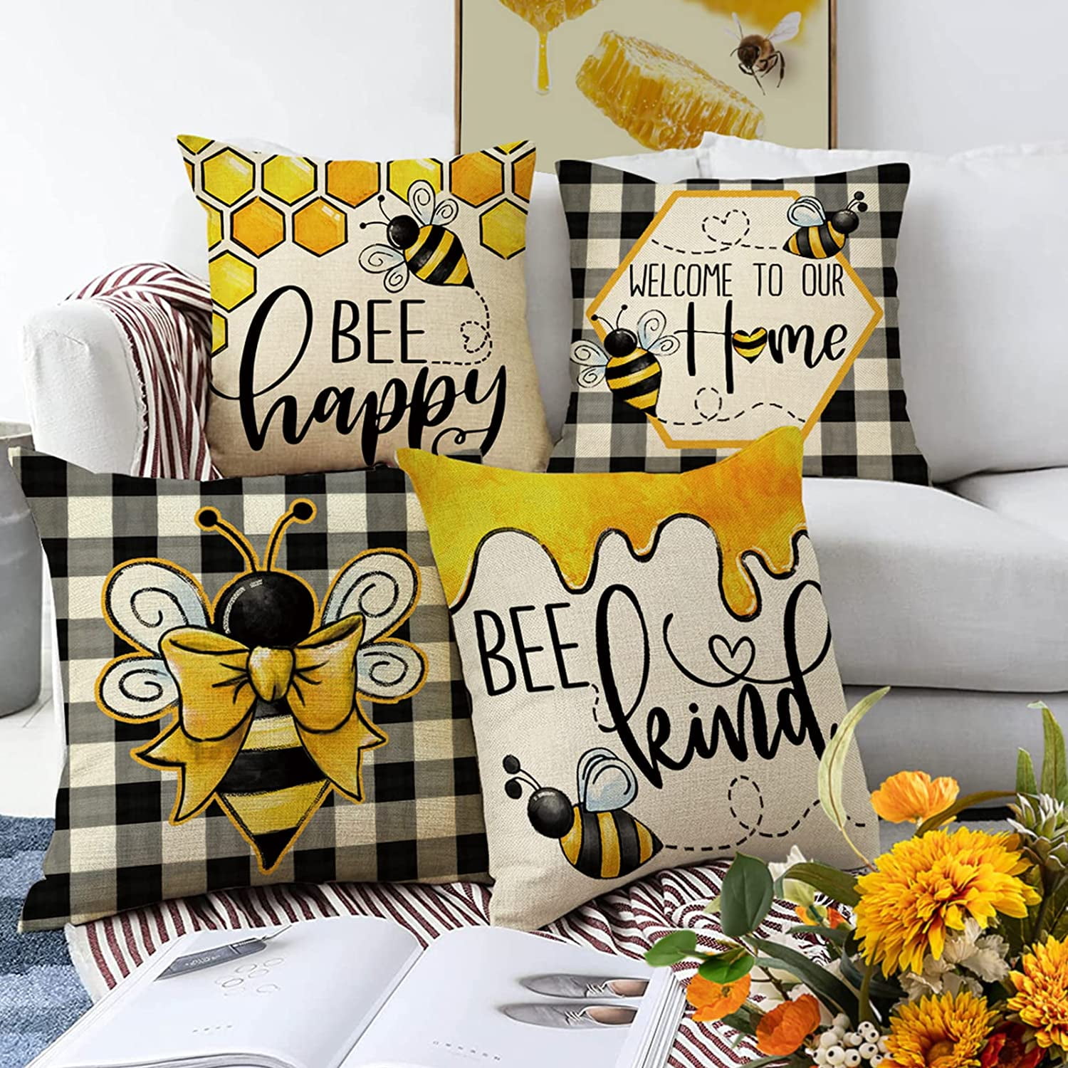 Vorkoi Summer Bee Happy Bee Kind Throw Pillow Covers 18x18in, Buffalo ...