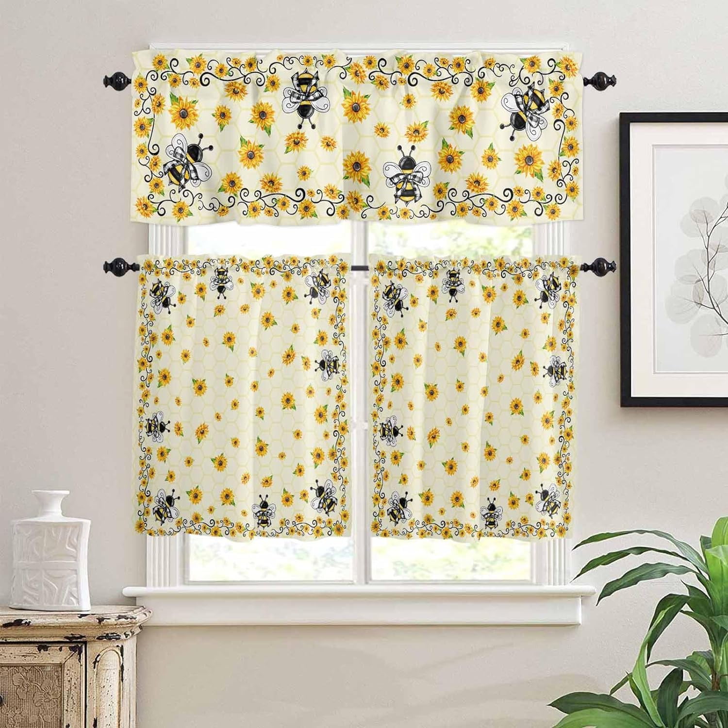 Summer Bee Honey 3-Piece Kitchen Curtain Set, Rod Pocket Kitchen Curtain Valance and Tiers Set ...