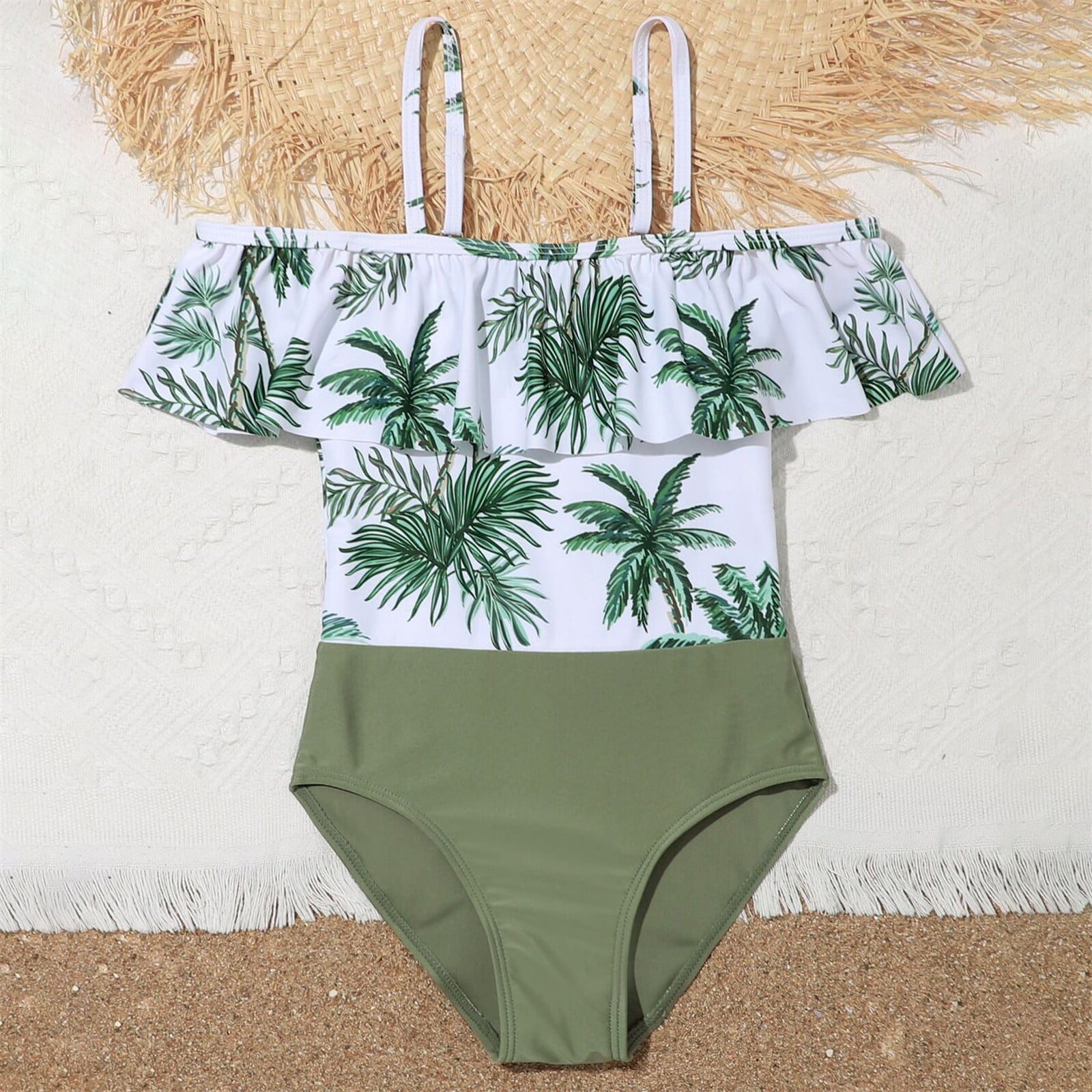 Summer Big Kids Tree Floral Ruffle Swimsuit Thin Straps Leaves Print ...