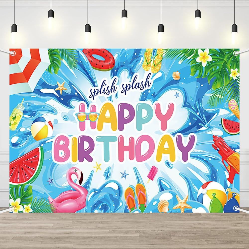 Summer Birthday Backdrop Splish Splash Happy Birthday Party Decorations ...