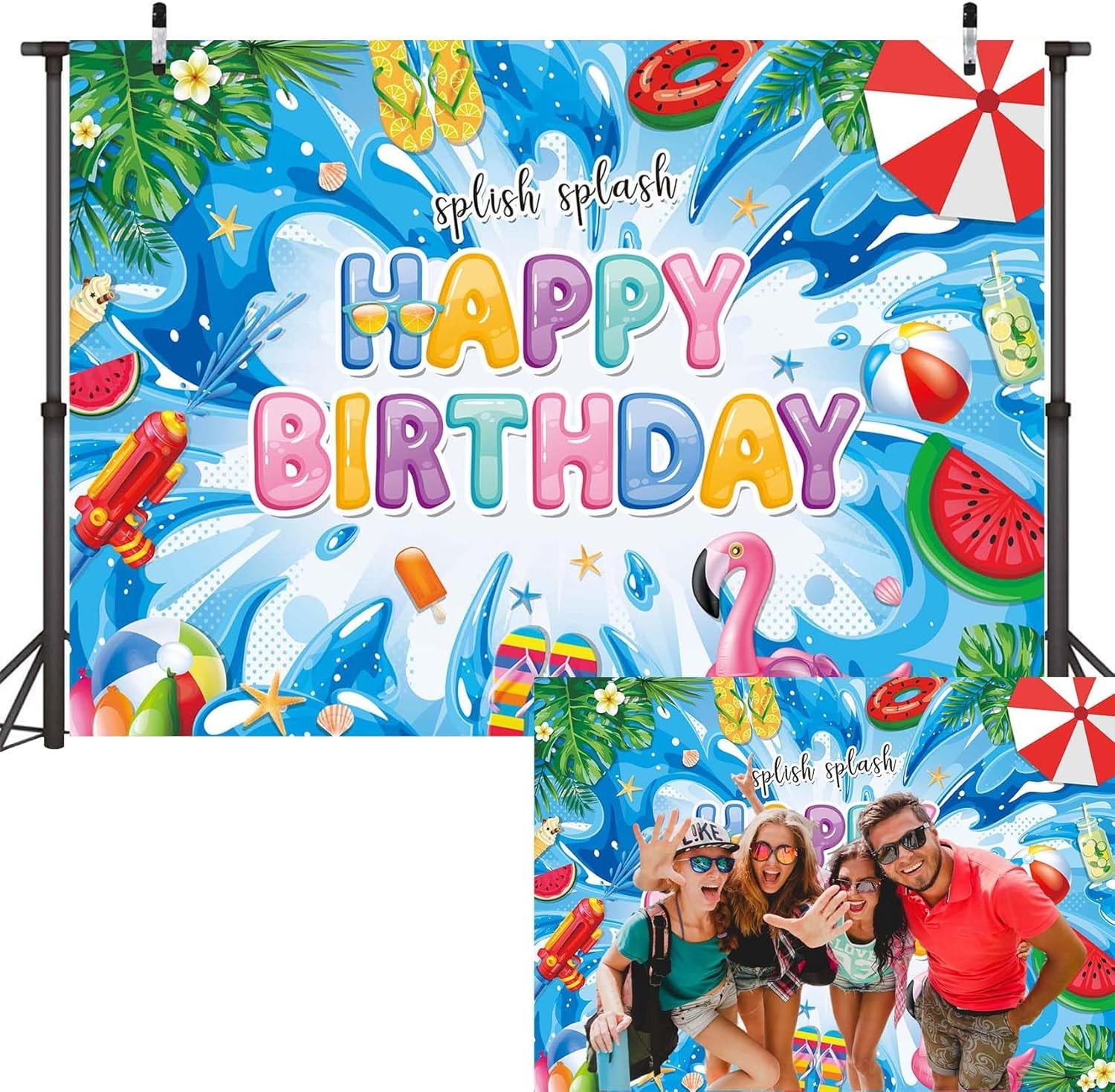 Summer Birthday Banner Backdrop Splish Splash Pool Party Happy Birthday ...